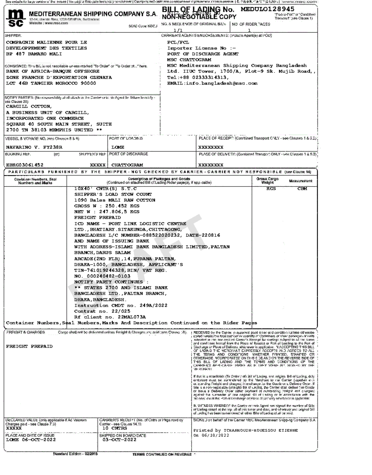 Medulo 128945 - DRAFT MEDULO BILL OF LADING NO. 1/1 1 COMPAGNIE ...
