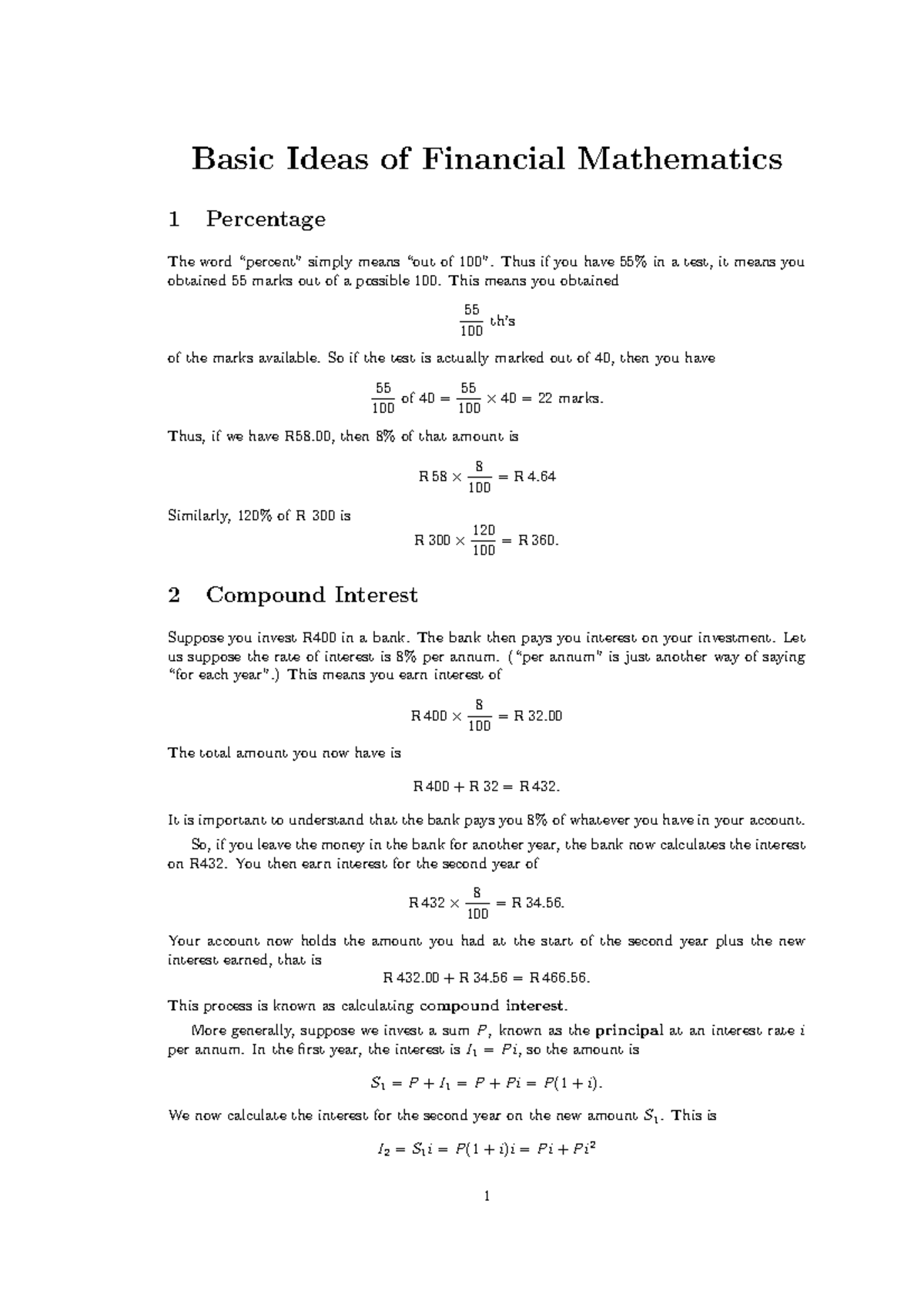 Fin Math - Lecture notes 1-10 - Basic Ideas of Financial Mathematics 1 ...