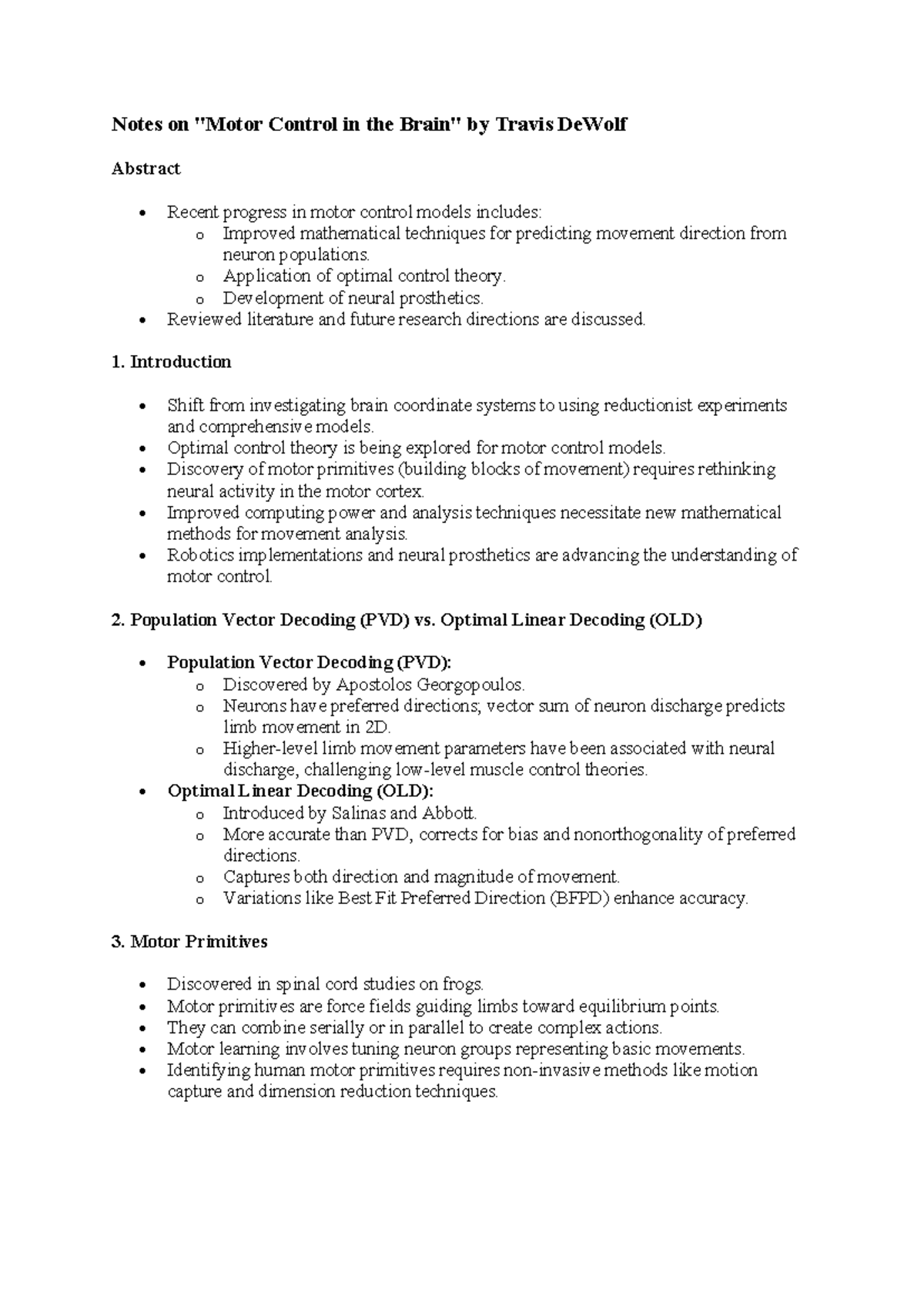 Motor control in brain - Notes on "Motor Control in the Brain" by ...