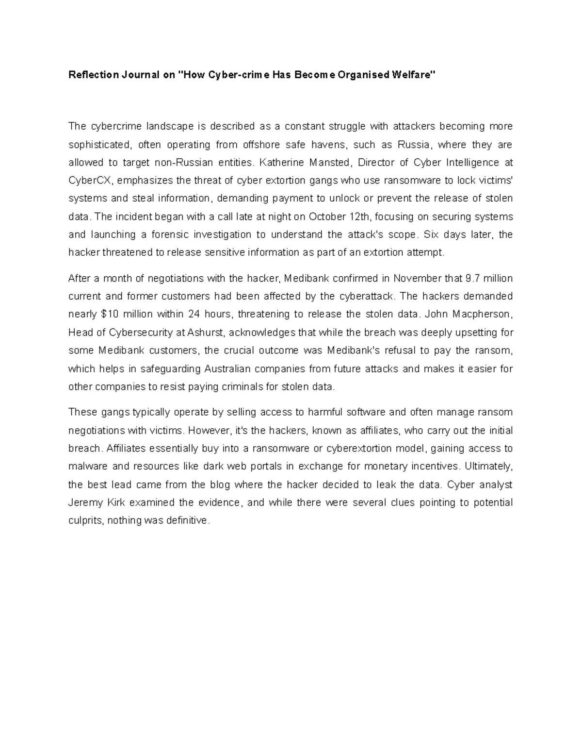 Reflection Journal(Information Assurance and Security) - Reflection ...