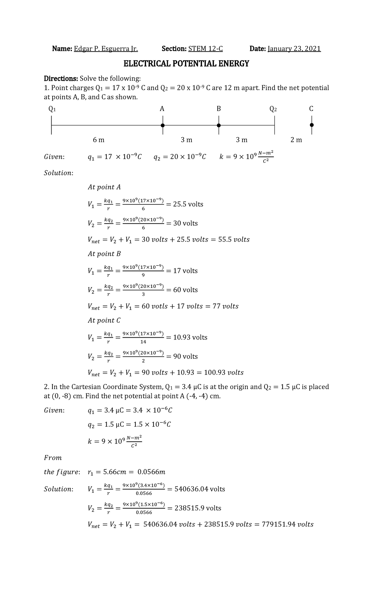 Electrical Potential Energy - Name: Edgar P. Esguerra Jr. Section: STEM ...