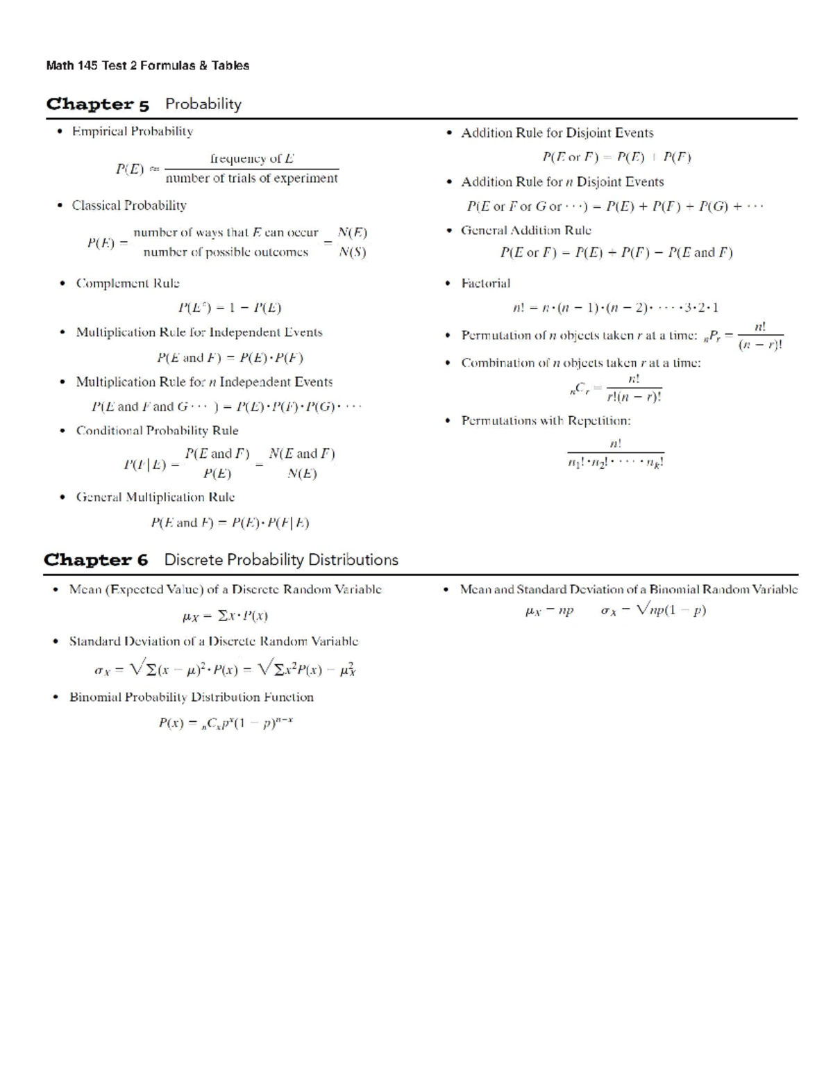 Math 145 Test 2 Formulas and Tables-5e - Math 145 Test 2 Formulas ...