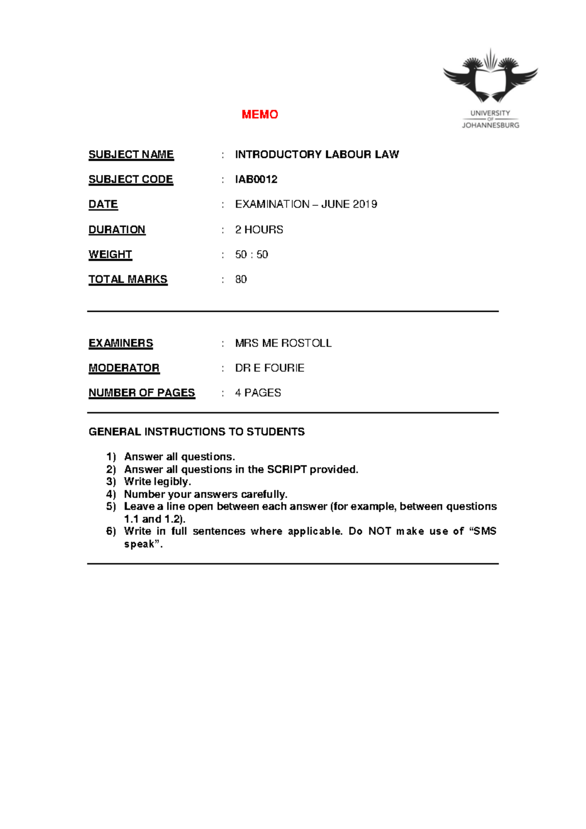IAB0012 Exam MEMO 2019 - Past Paper - MEMO SUBJECT NAME : INTRODUCTORY ...