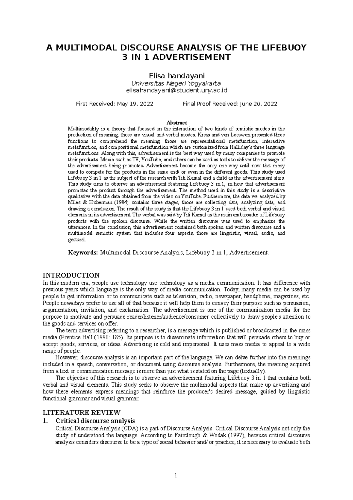 Article of A MULTIMODAL DISCOURSE ANALYSIS OF THE LIFEBUOY 3 IN 1 ...