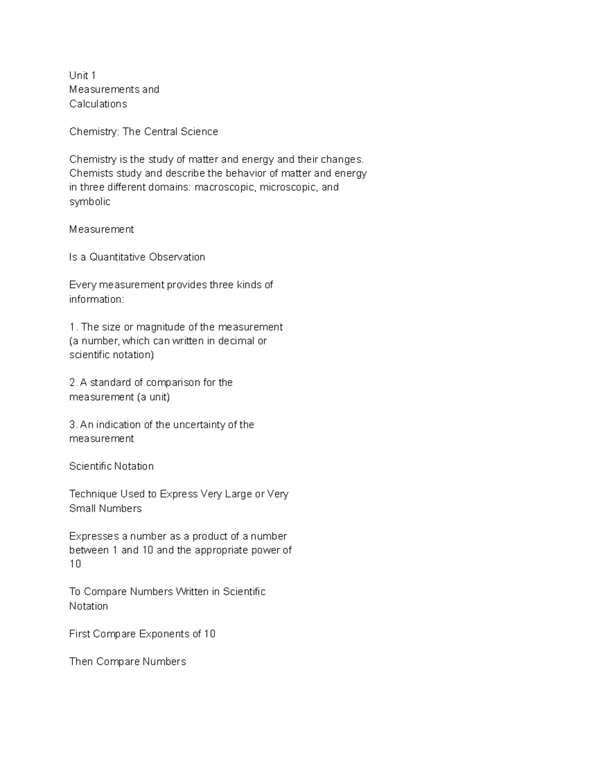 Unit 1 CHEM 101 Notes - Unit 1 Measurements andCalculations Chemistry ...