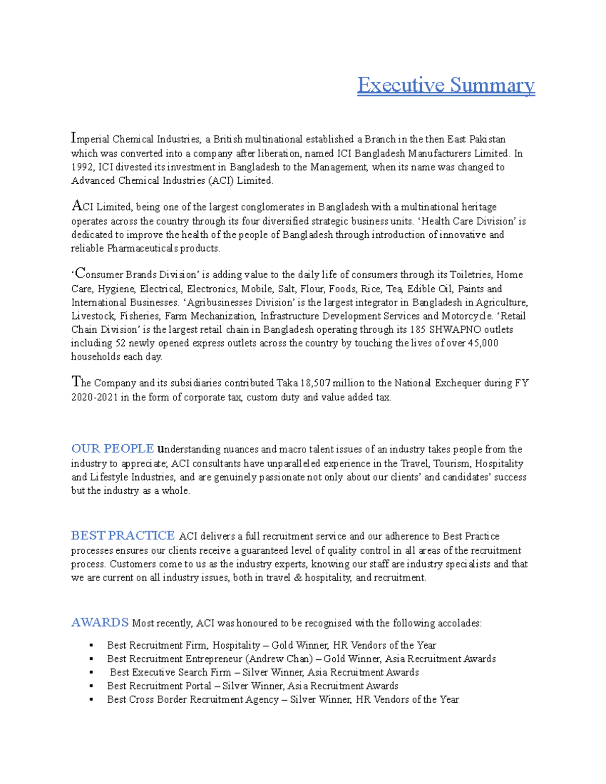 Executive summery and short brief - Executive Summary Imperial Chemical ...