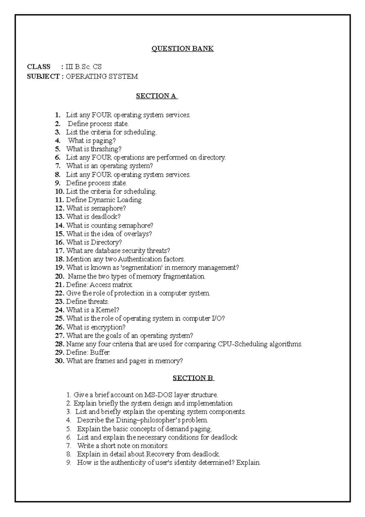 OS Question Bank-UT1-UT5 - QUESTION BANK CLASS : III B. CS SUBJECT ...