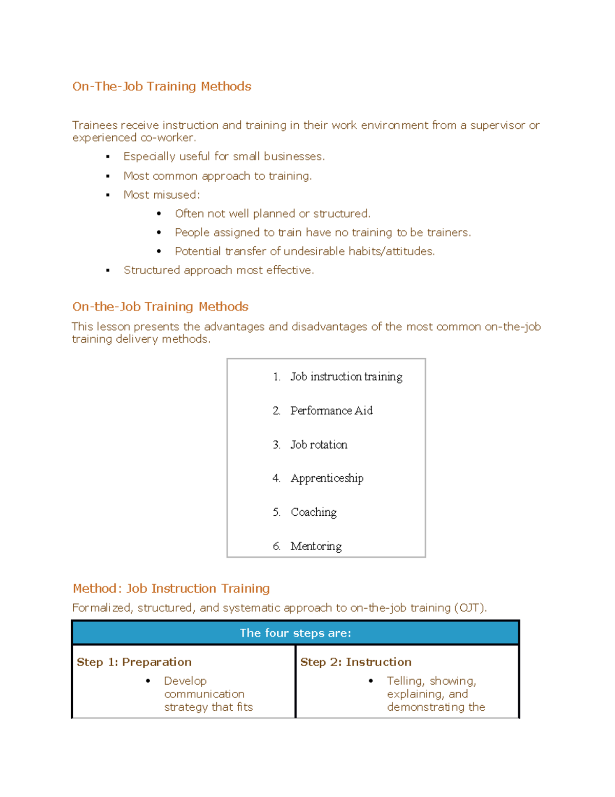 EDUC240 - Lesson 9 - Notes - On-The-Job Training Methods Trainees ...