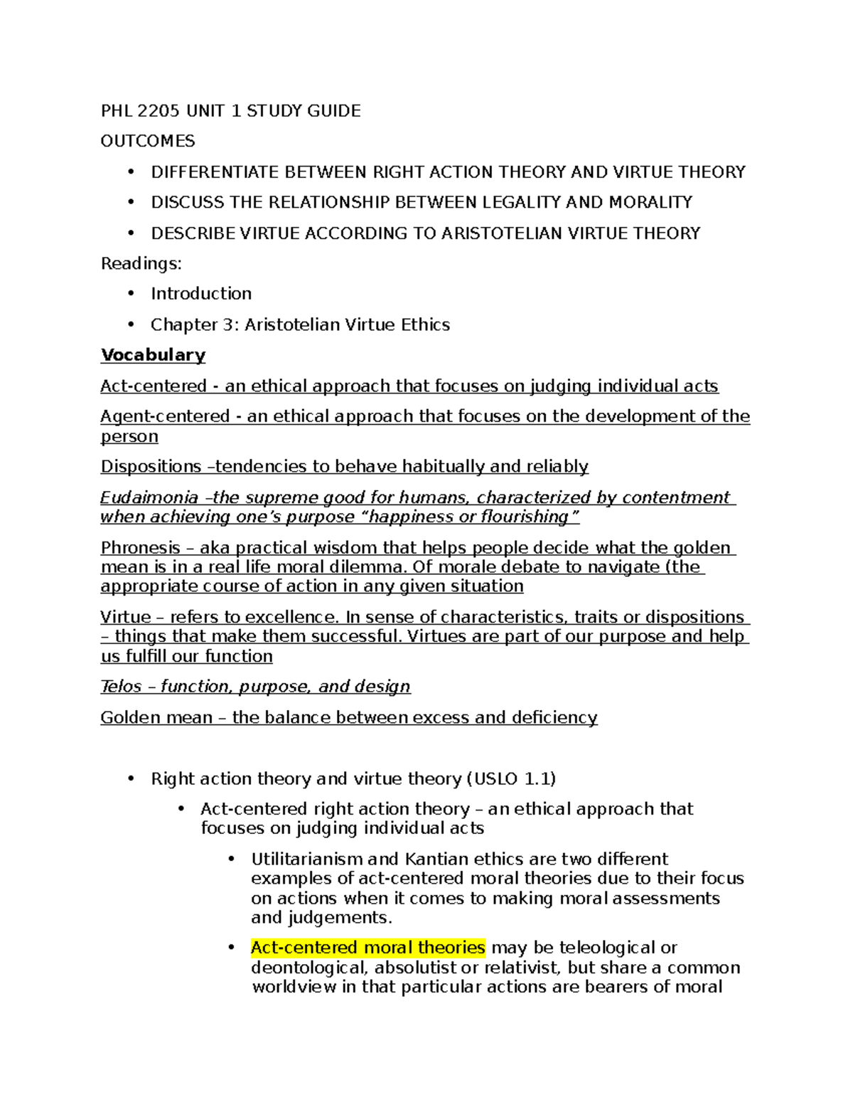 PHL 2205 UNIT 1 Study Guide - PHL 2205 UNIT 1 STUDY GUIDE OUTCOMES • DIFFERENTIATE BETWEEN RIGHT ...