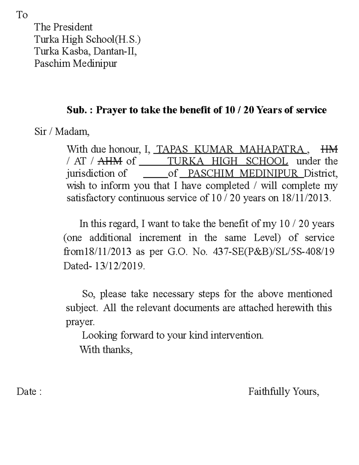 Prayer 10 20 years benefit HS STM - To The President Turka High School ...