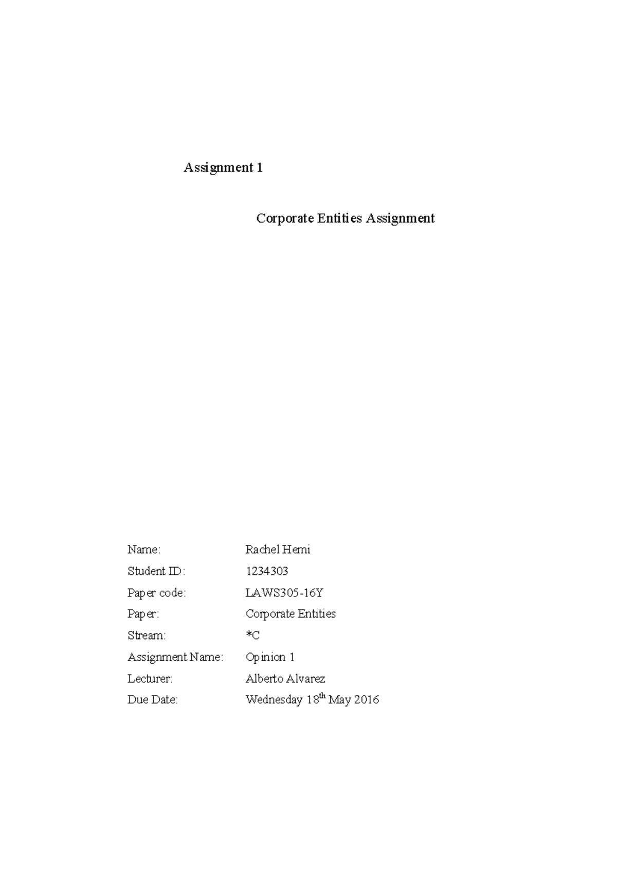 Corporate Opinion 1 Final - Assignment 1 Corporate Entities Assignment ...
