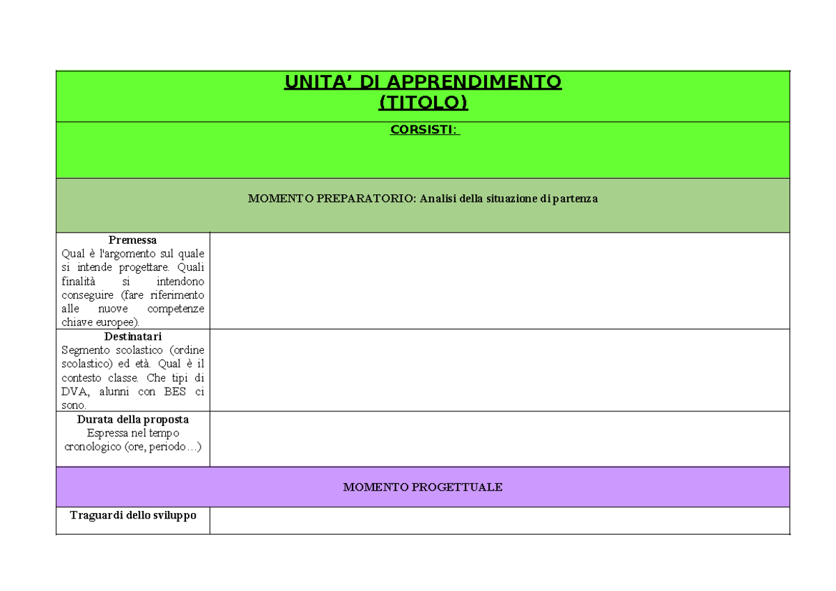 Schema progetto UDA - PROVA - UNITA’ DI APPRENDIMENTO (TITOLO) CORSISTI: MOMENTO PREPARATORIO ...