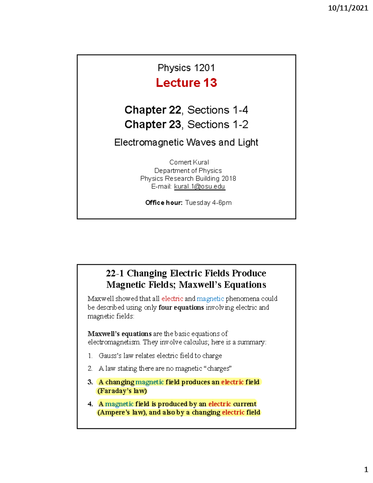 Lecture 13 - Ch22 S1-S3 and Ch23 S1-S2 - Physics 1201 Comert Kural ...