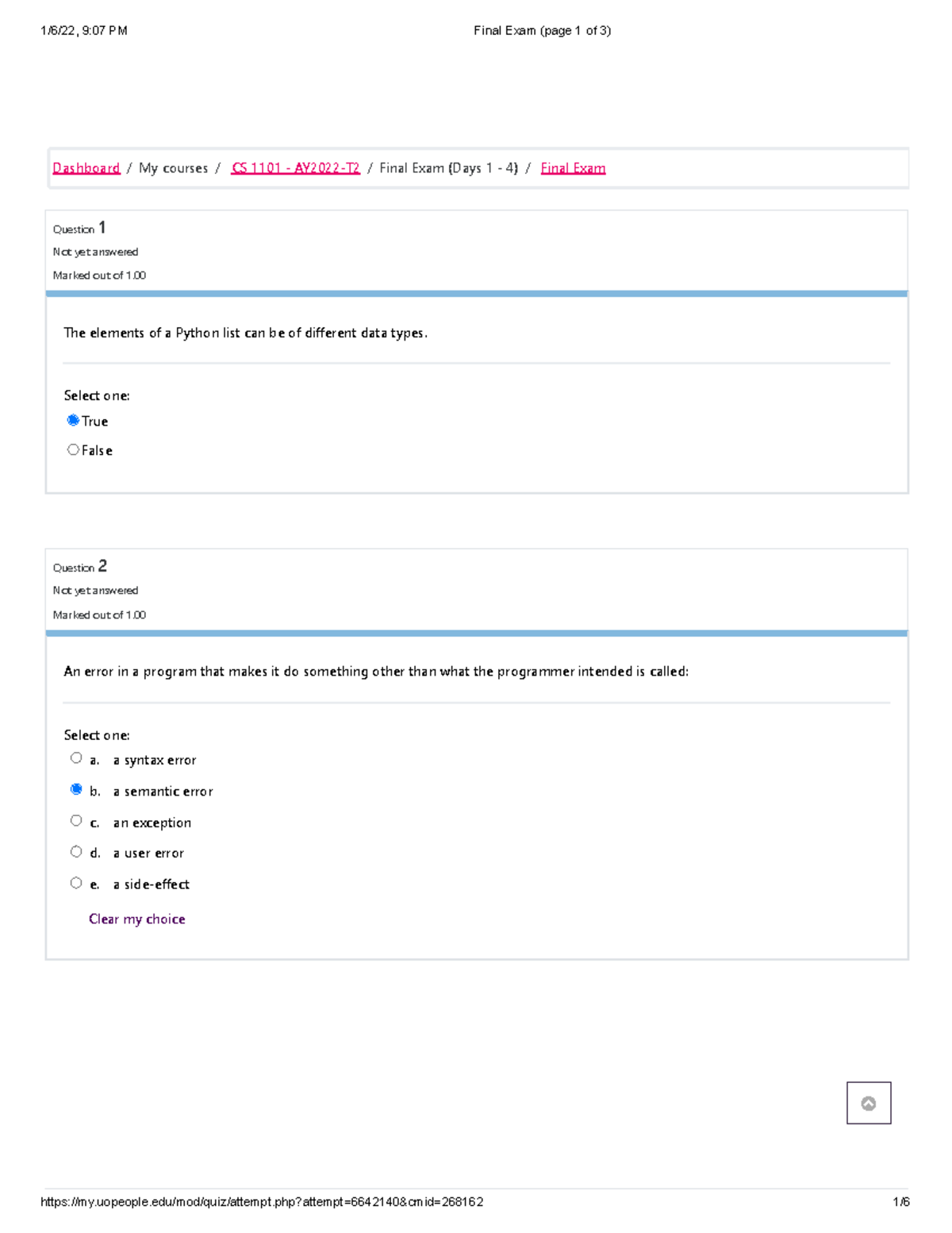 CS 1101 Final Exam (page 1 of 3) - Question 1 Not yet answered Marked ...