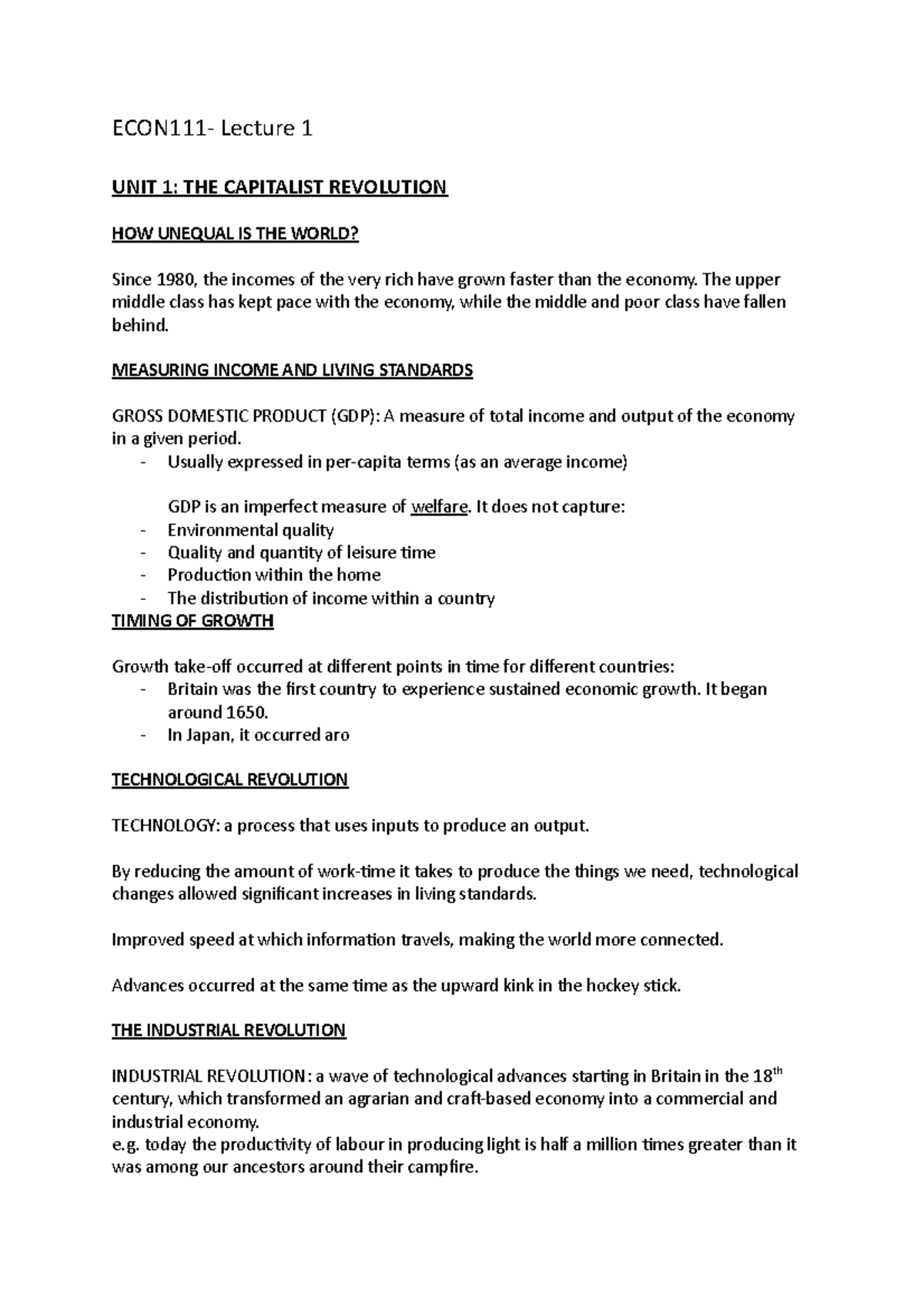ECON111- Lecture 1 - ECON111- Lecture 1 UNIT 1: THE CAPITALIST ...