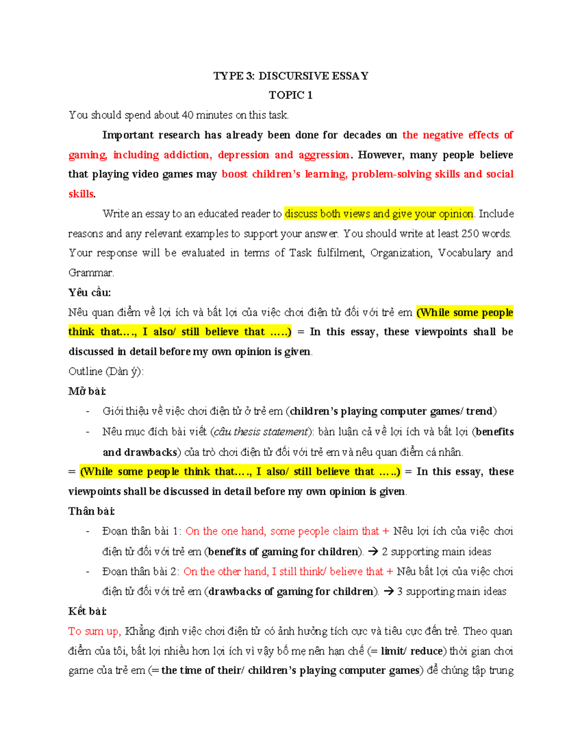 TYPE 3 Discursive essay - TYPE 3: DISCURSIVE ESSAY TOPIC 1 You should ...