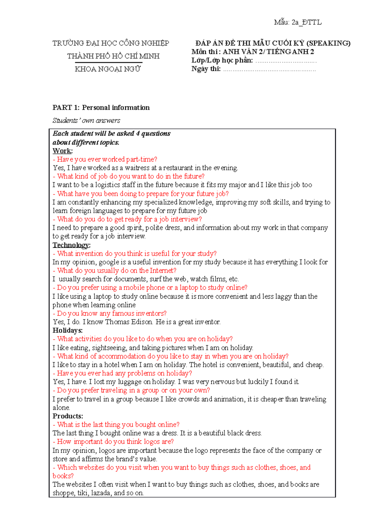 KEY Sample Final Speaking TEST English 2 - Mẫu: 2a_ĐTTL TRƯỜNG ĐẠI HỌC ...