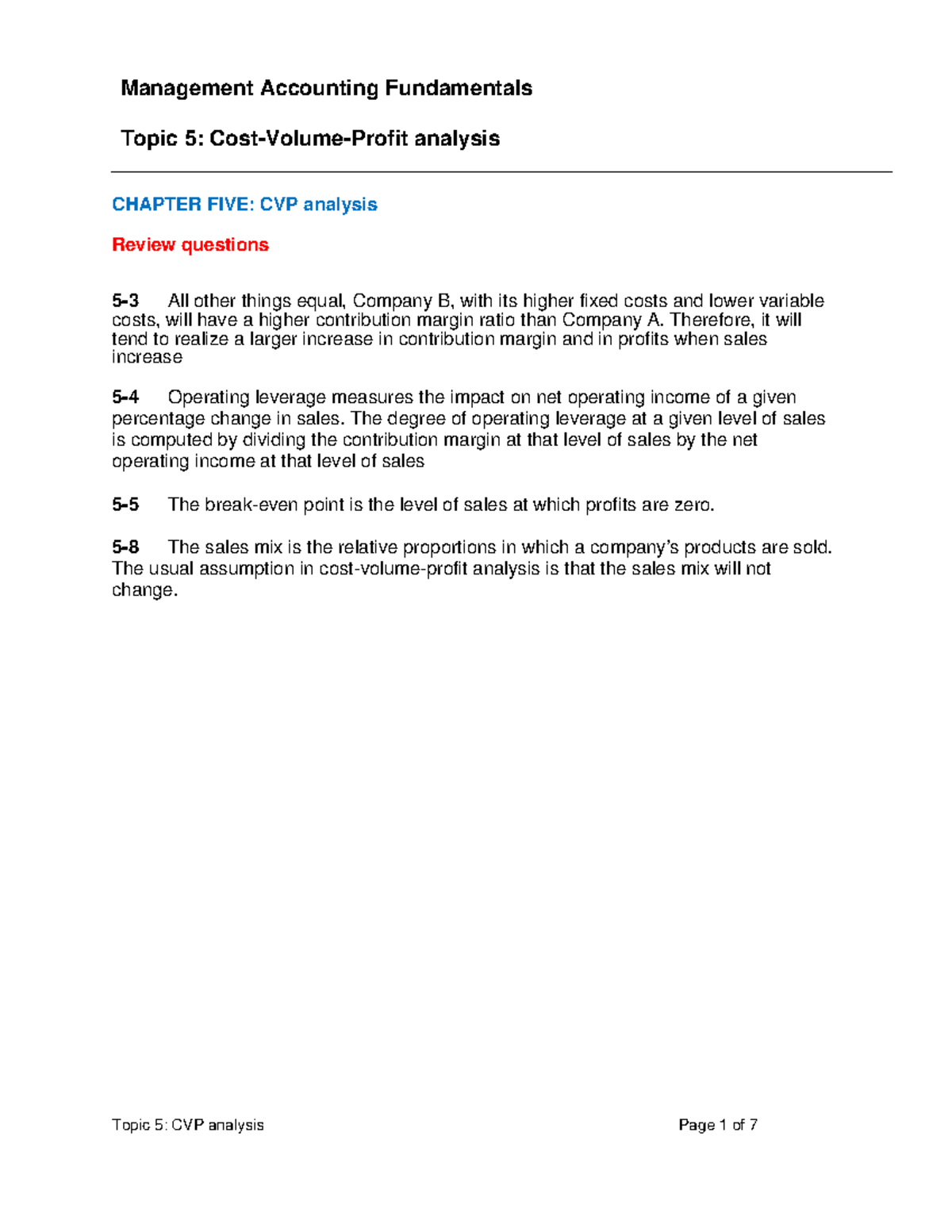Module 05 - Solutions to self-study questions - CHAPTER FIVE: CVP ...