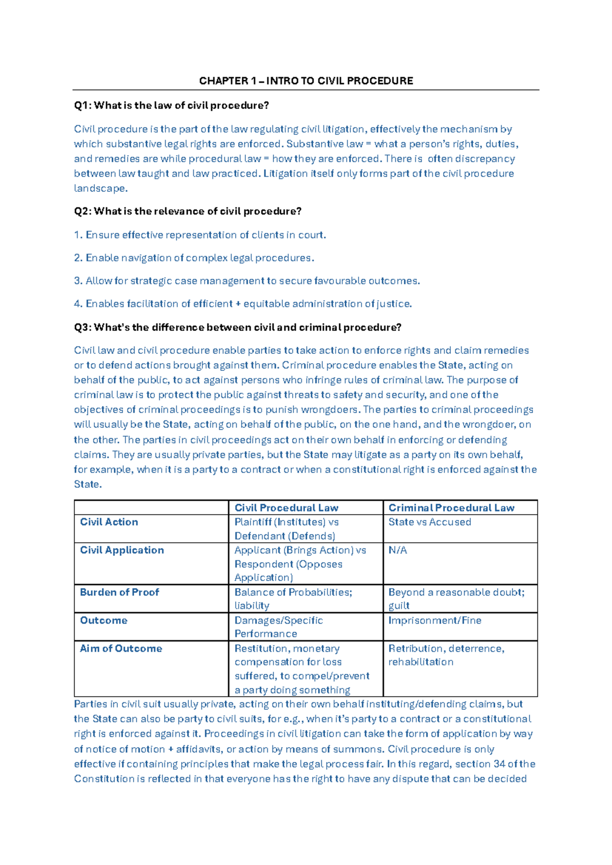 Study Notes - civils - CHAPTER 1 – INTRO TO CIVIL PROCEDURE Q1: What is ...