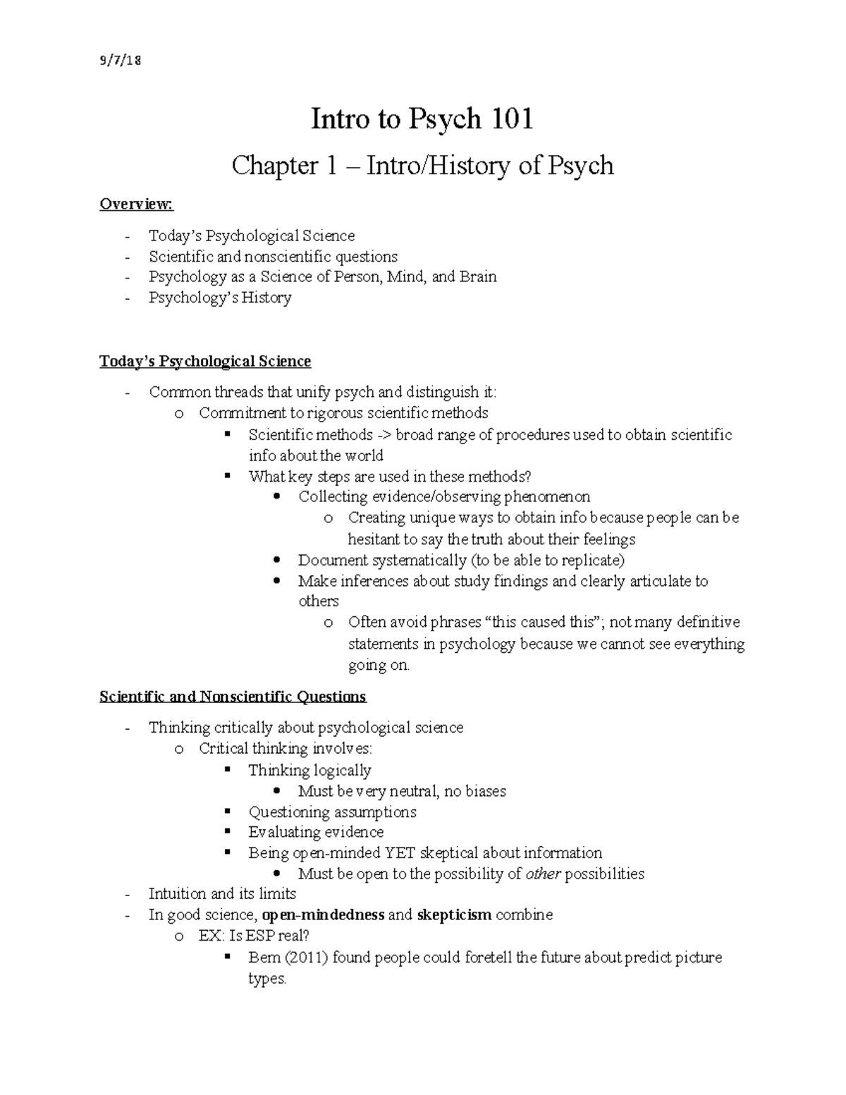 Chapter 1 - Intro to Psyche - Intro to Psych 101 Chapter 1 of Psych ...