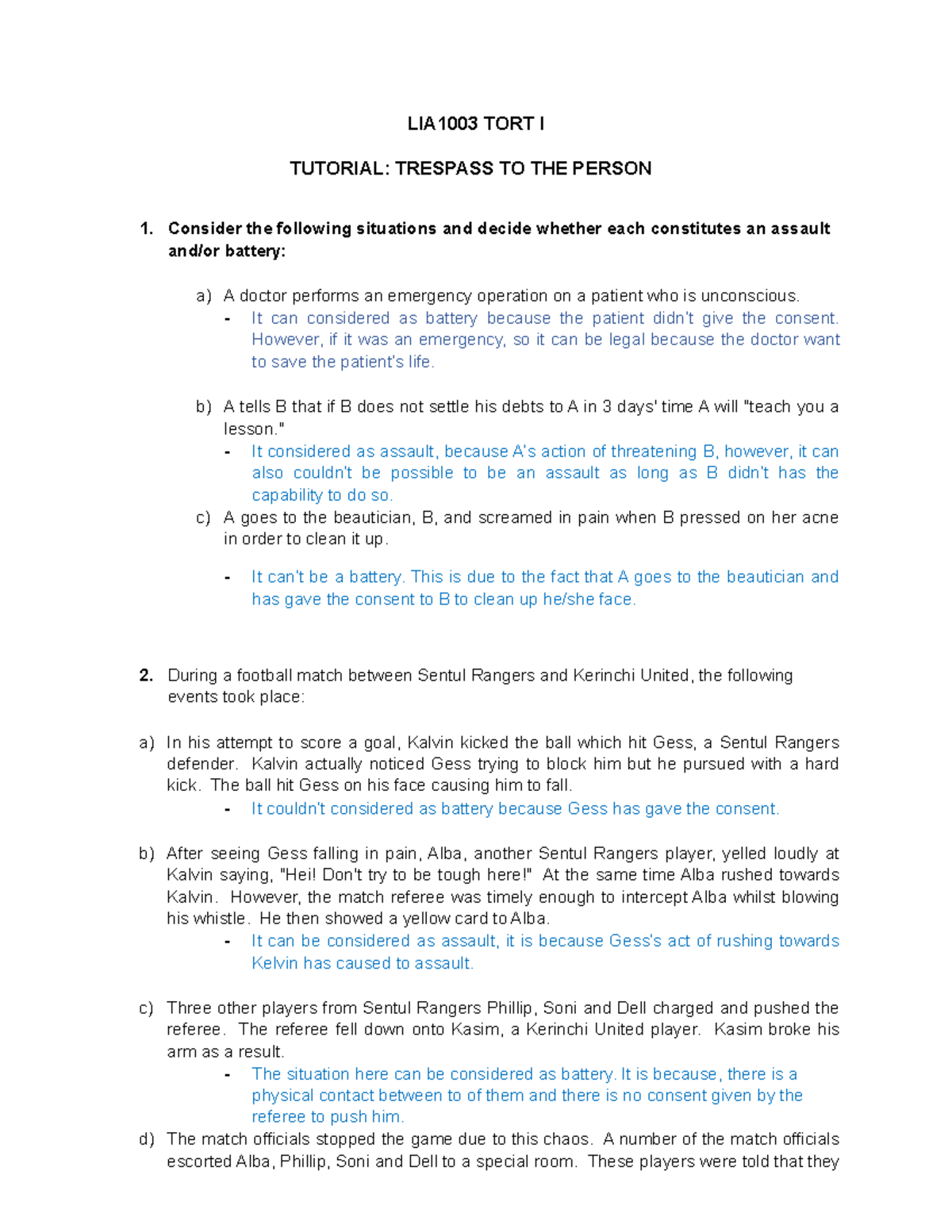 Tutorial on Trespass to the Person - LIA1003 TORT I TUTORIAL: TRESPASS TO THE PERSON Consider ...