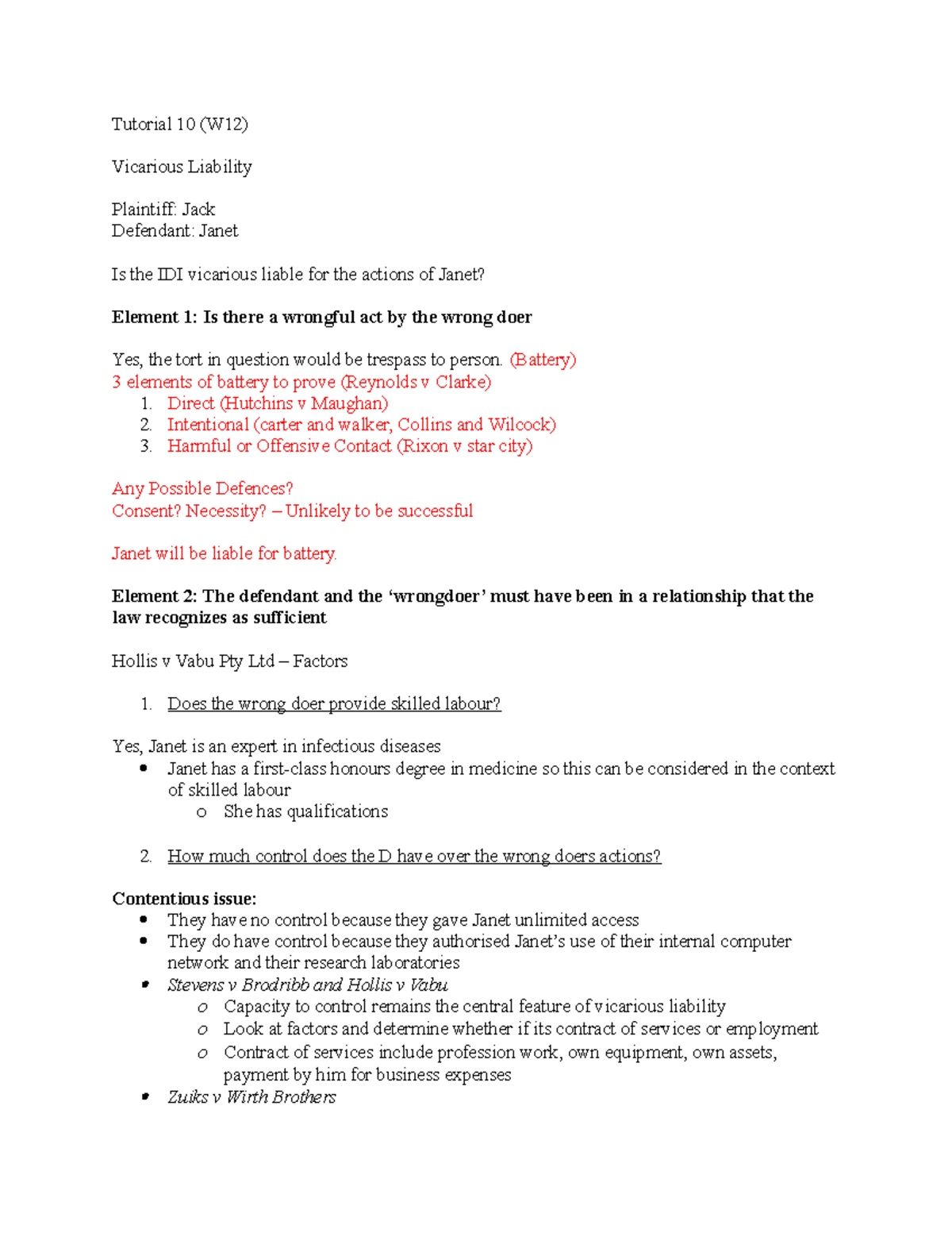 Tutorial 10 (W12) - Tutorial 10 (W12) Vicarious Liability Plaintiff ...