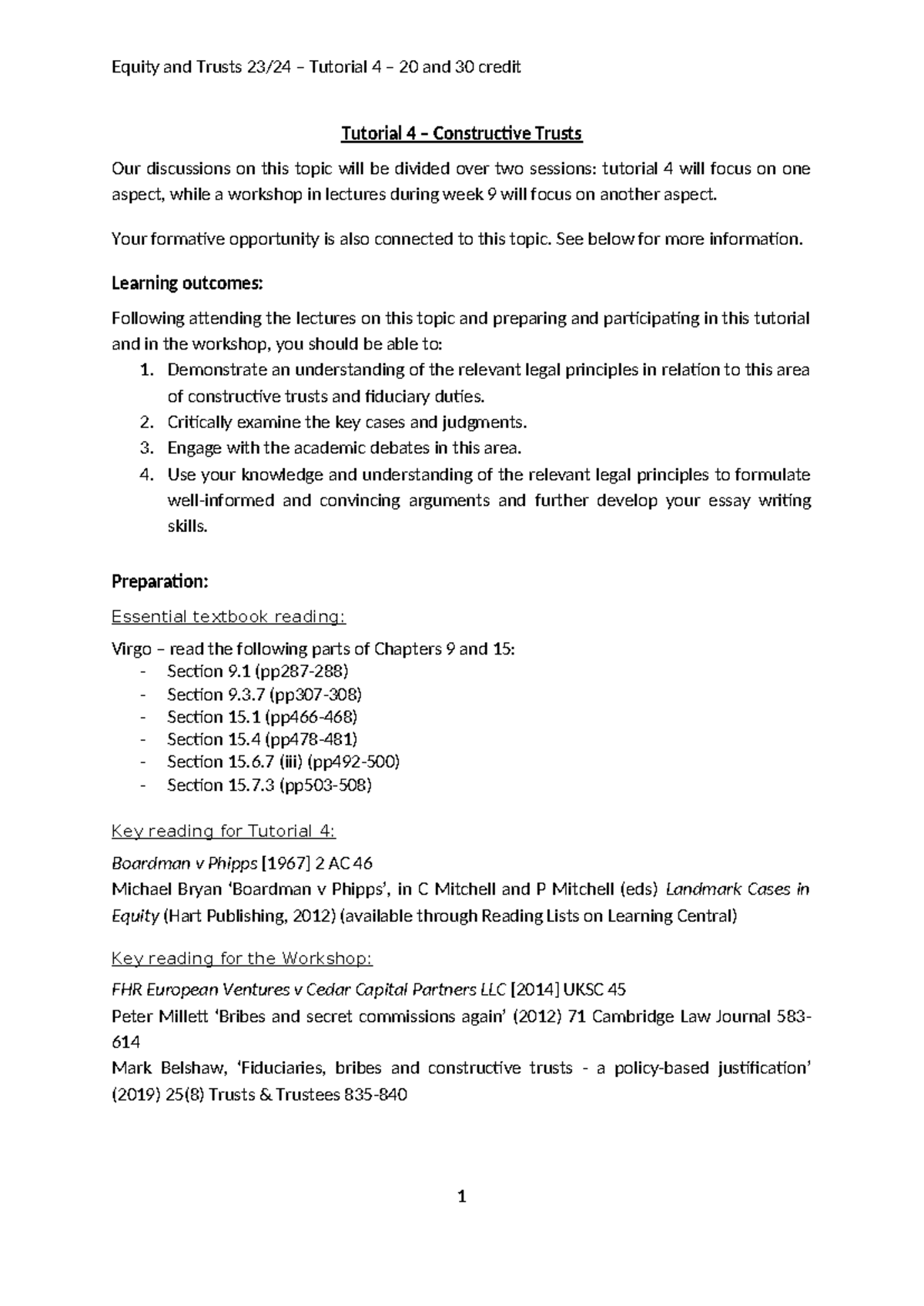 Tutorial 4 - worksheet - Tutorial 4 – Constructive Trusts Our discussions on this topic will be ...