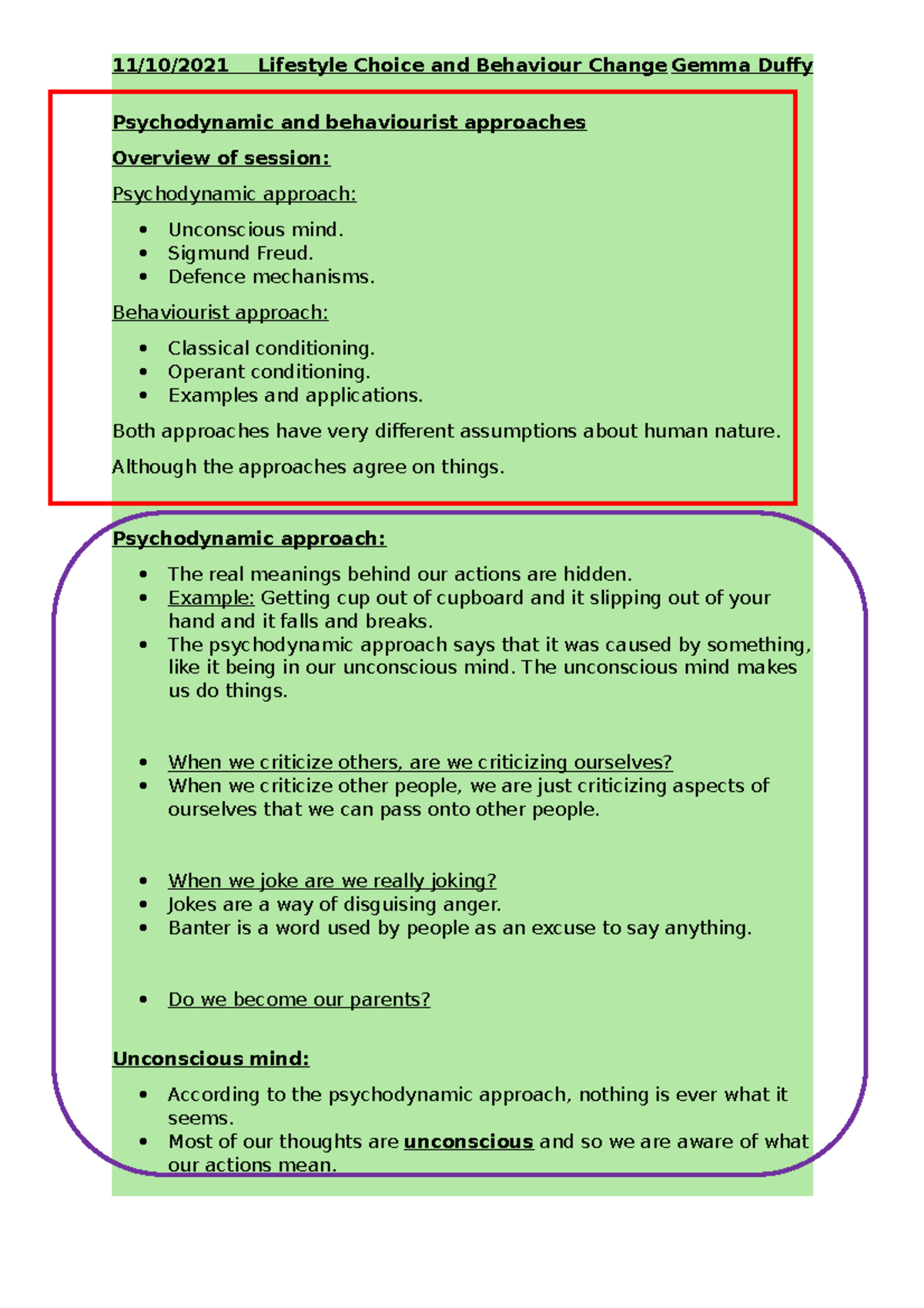 Lecture 2 - Psychodynamic and Behaviourist Approaches - Psychodynamic ...