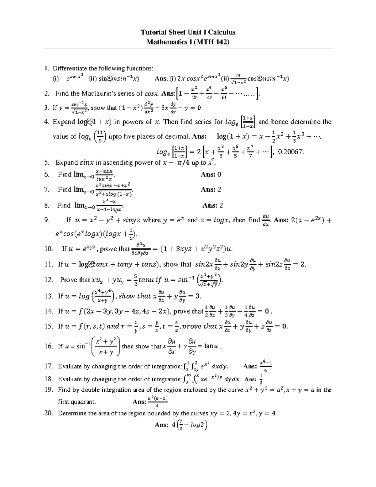 Tutorial sheet Unit 1 MTH 142 - Tutorial Sheet Unit I Calculus ...