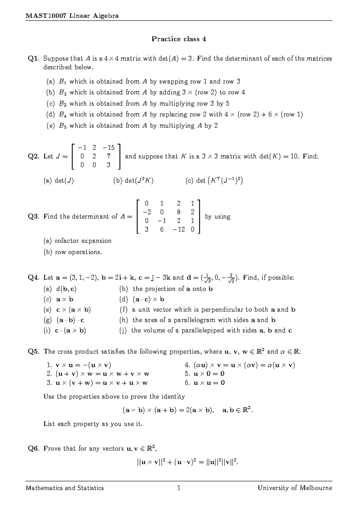 T04 Questions And Solutions - MAST10007 Linear Algebra Practice class 4 ...