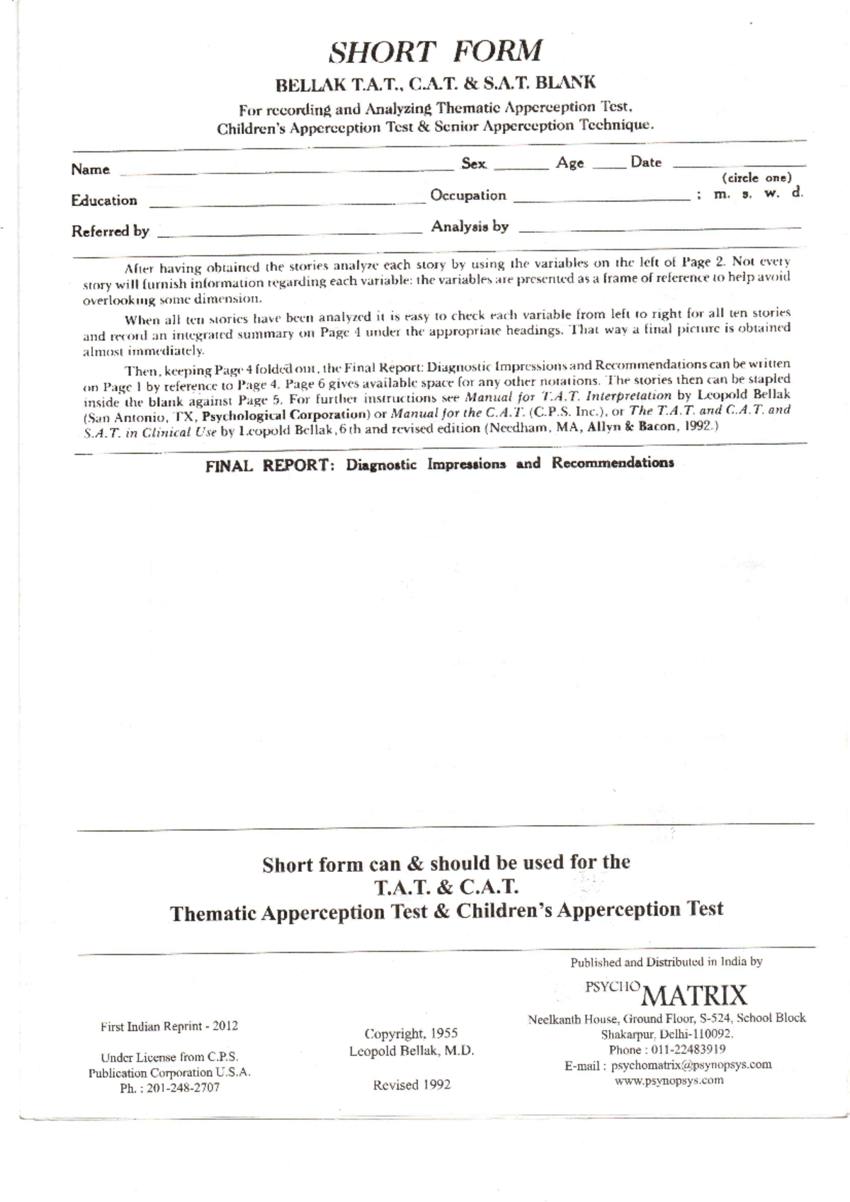 Bellak's TAT Blank - MA Psychology - Studocu