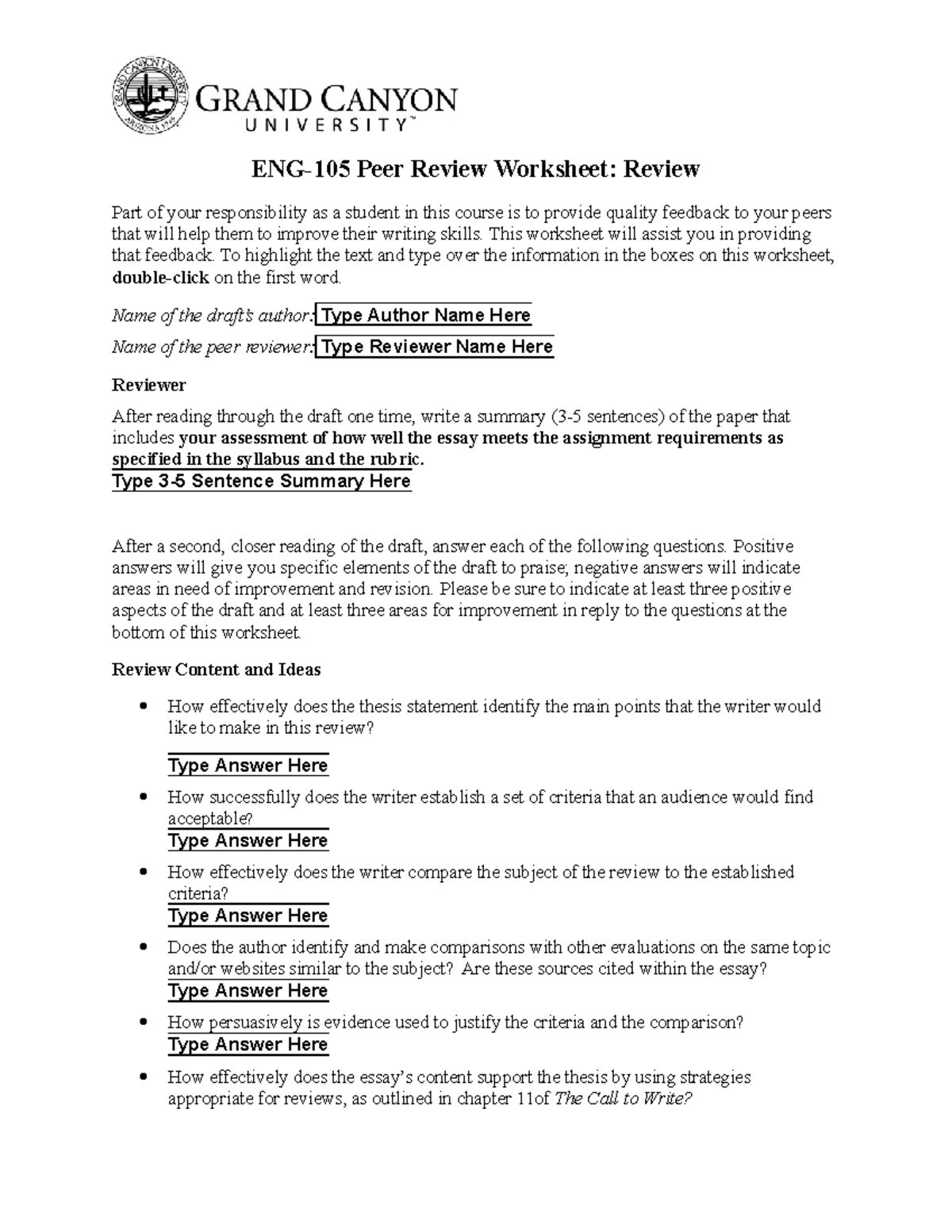 ENG105 Review Peer Review Worksheet - ENG-105 Peer Review Worksheet ...