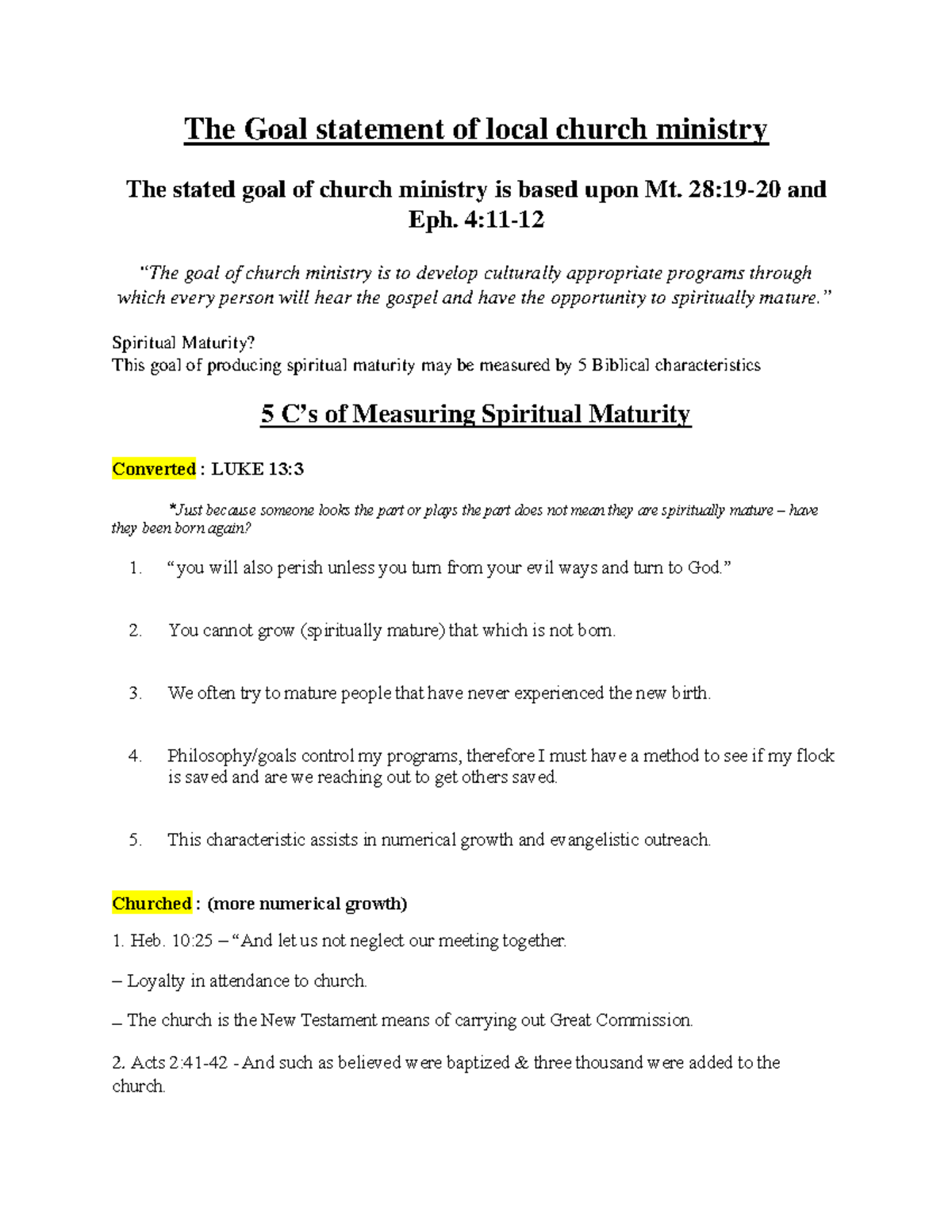 Goal statement of ministry and the 5 C's - The Goal statement of local ...