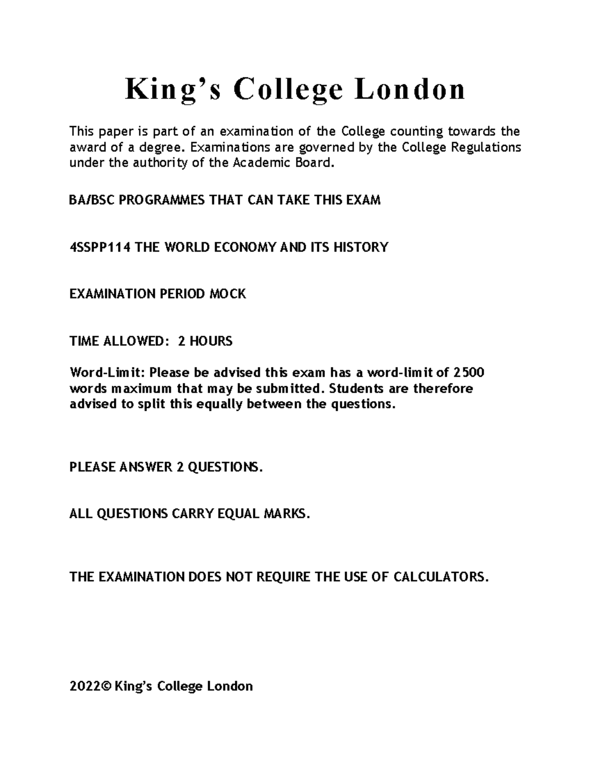 MOCK Exam - King’s College London This paper is part of an examination ...