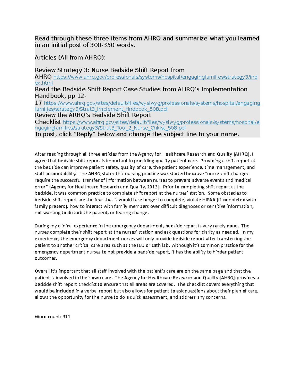Db 3 - Read through these three items from AHRQ and summarize what you learned. - Read through ...
