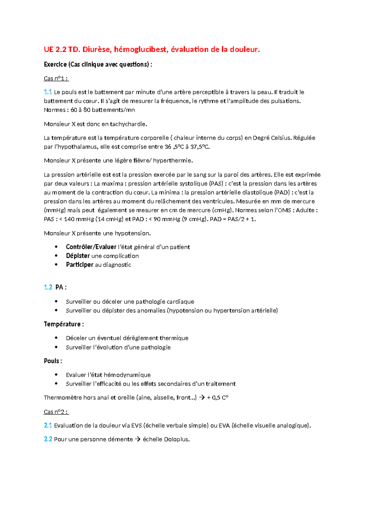 UE 2.2 TD Diurèse, hémoglucibest, évaluation de la douleur - UE 2 TD. Diurèse, hémoglucibest ...