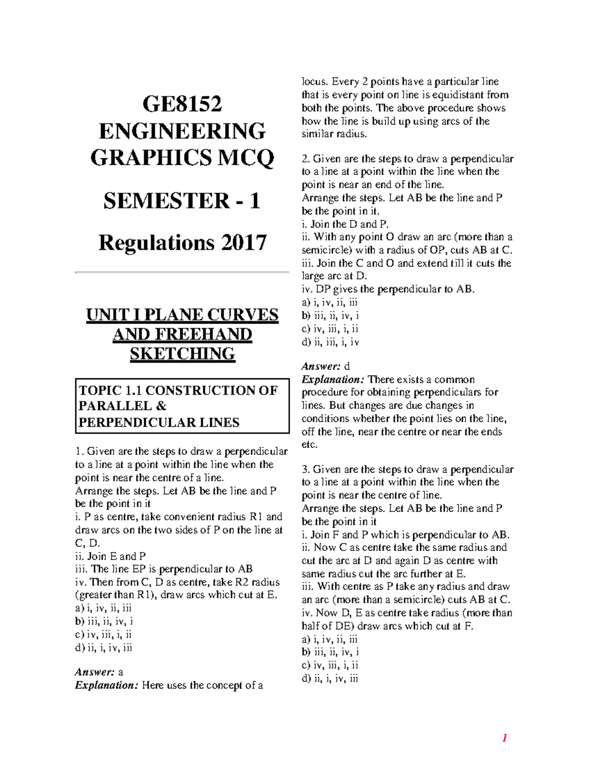 Engineering Graphics - GE ENGINEERING GRAPHICS MCQ SEMESTER - 1 Regulations 2017 UNIT I PLANE ...