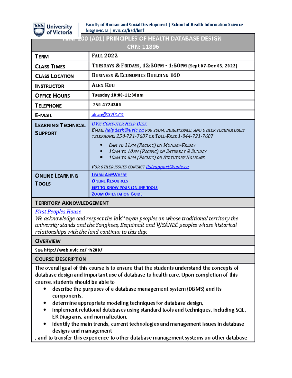 HINF200 Course Outline - Faculty of Human and Social Development ...