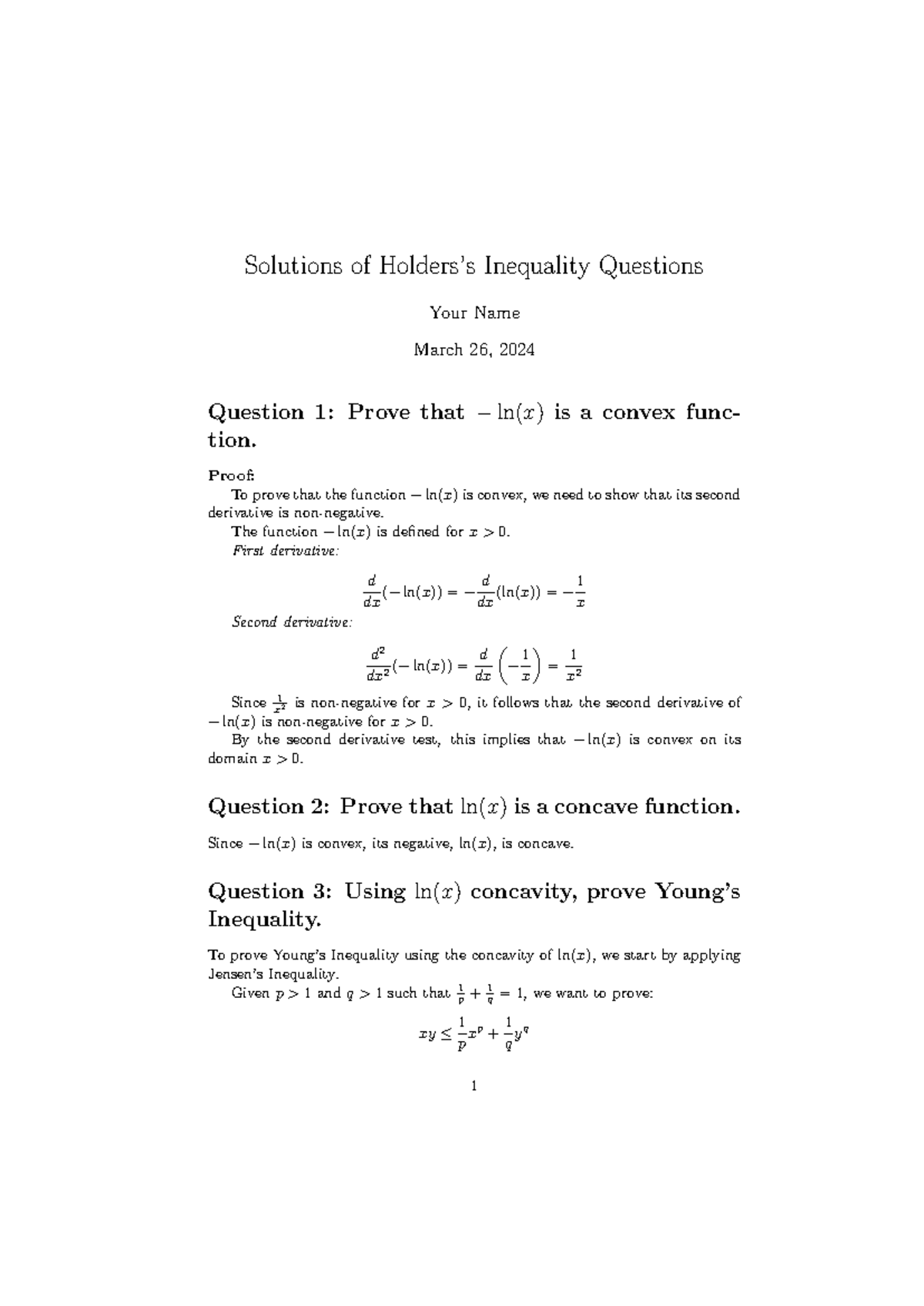 Holder's inequality solution file - Solutions of Holders’s Inequality Questions Your Name March ...