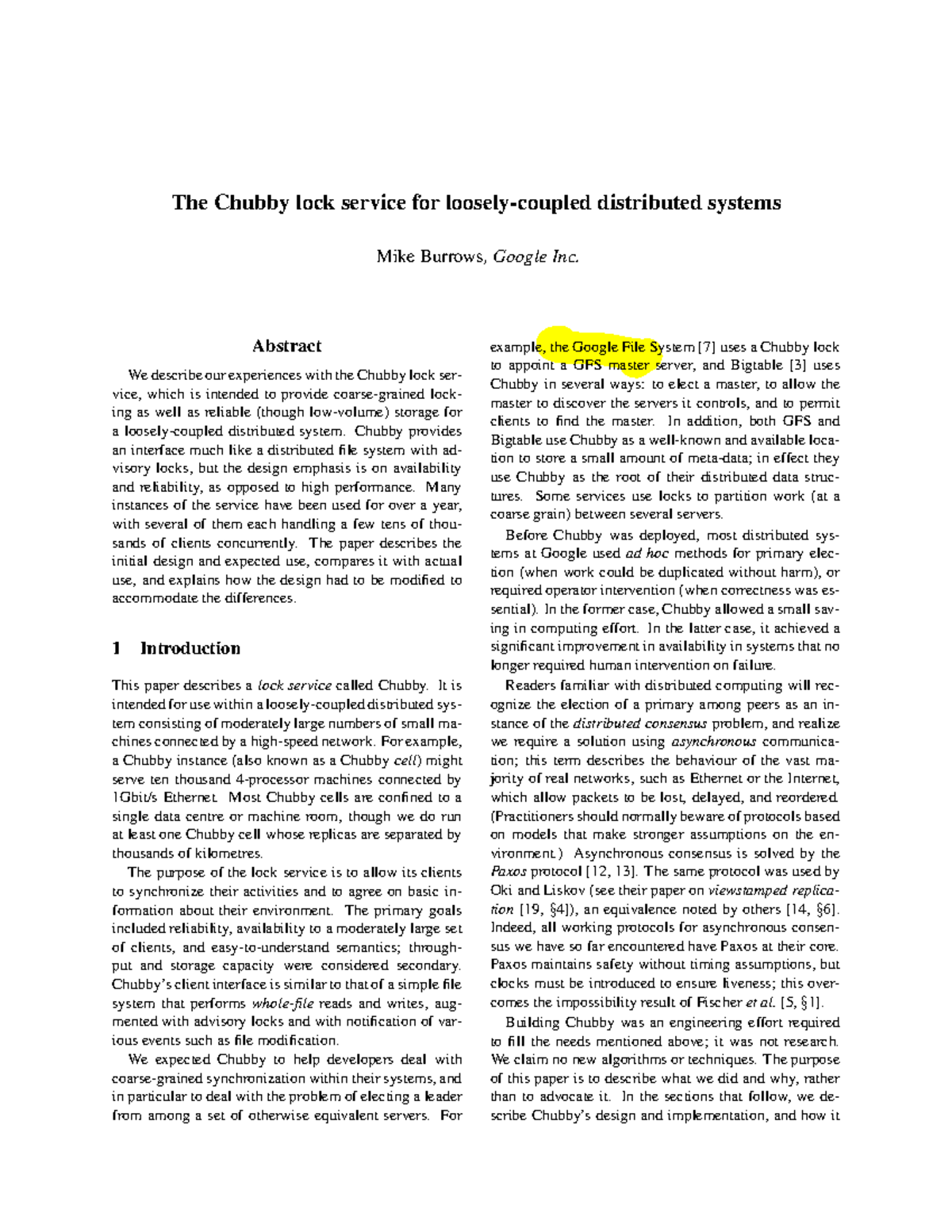 Google-chubby - Chubby paper - The Chubby lock service for loosely ...