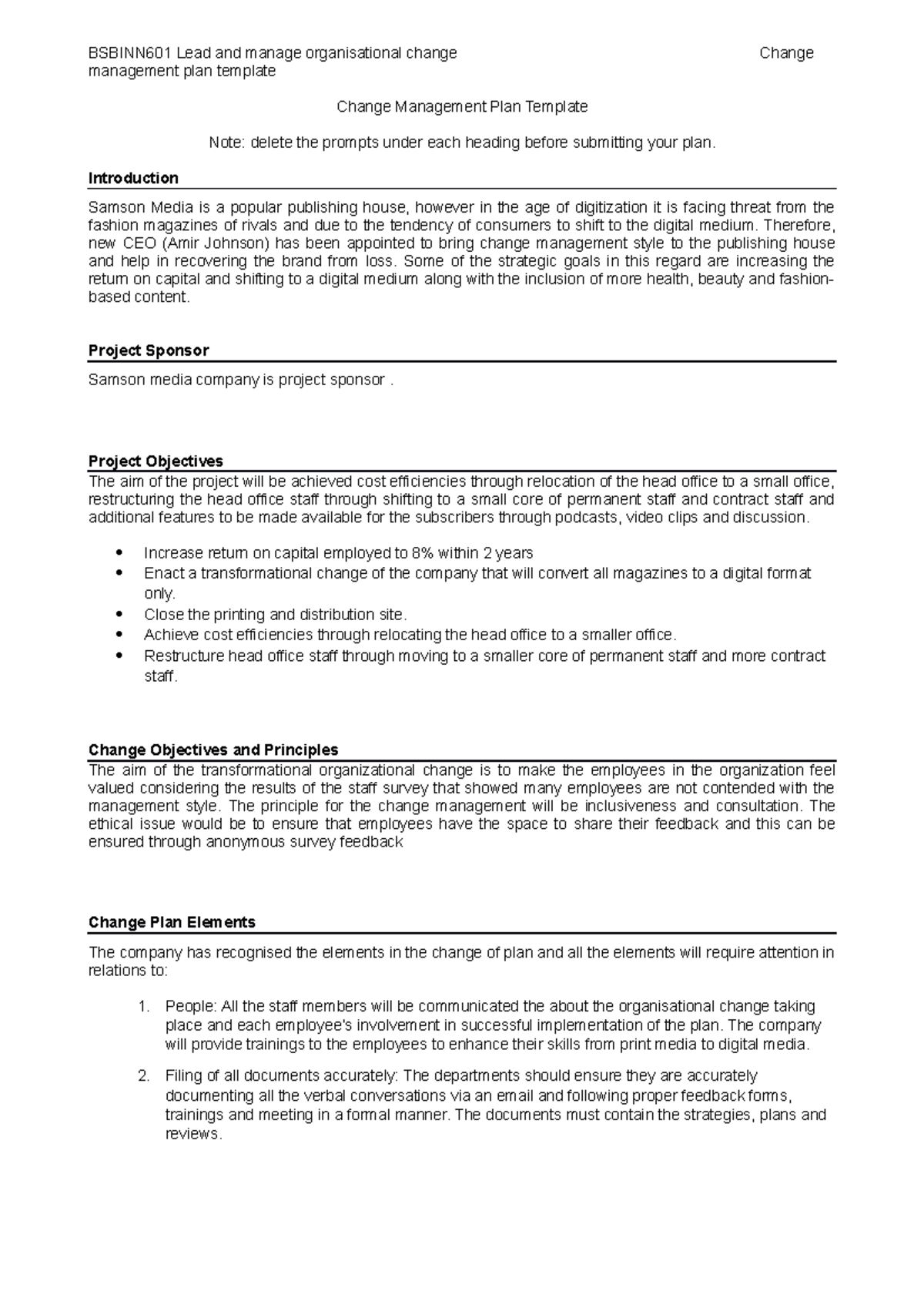 Change Management Plan Template - BSBINN601 Lead and manage ...