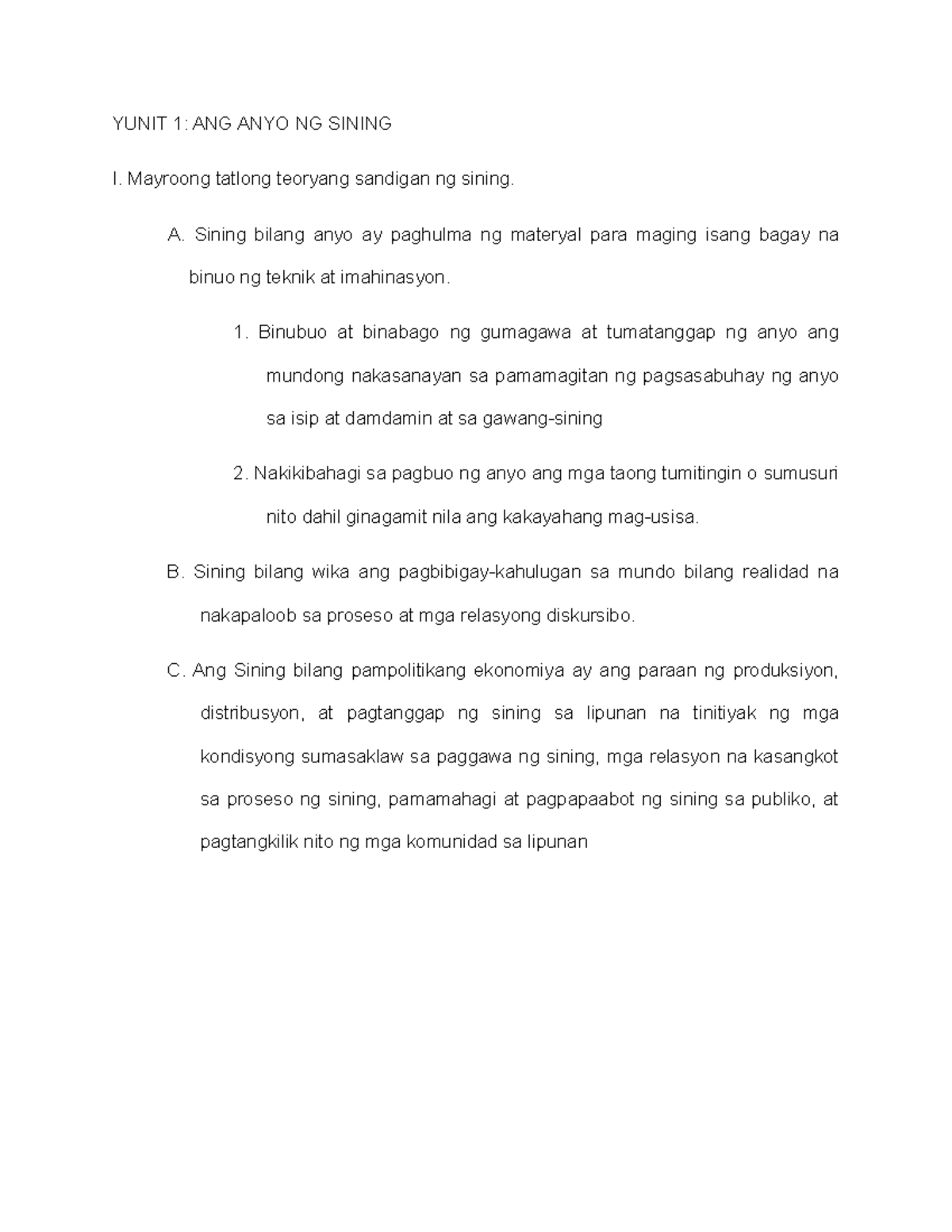 Anyo ng sining Outline - YUNIT 1: ANG ANYO NG SINING I. Mayroong ...