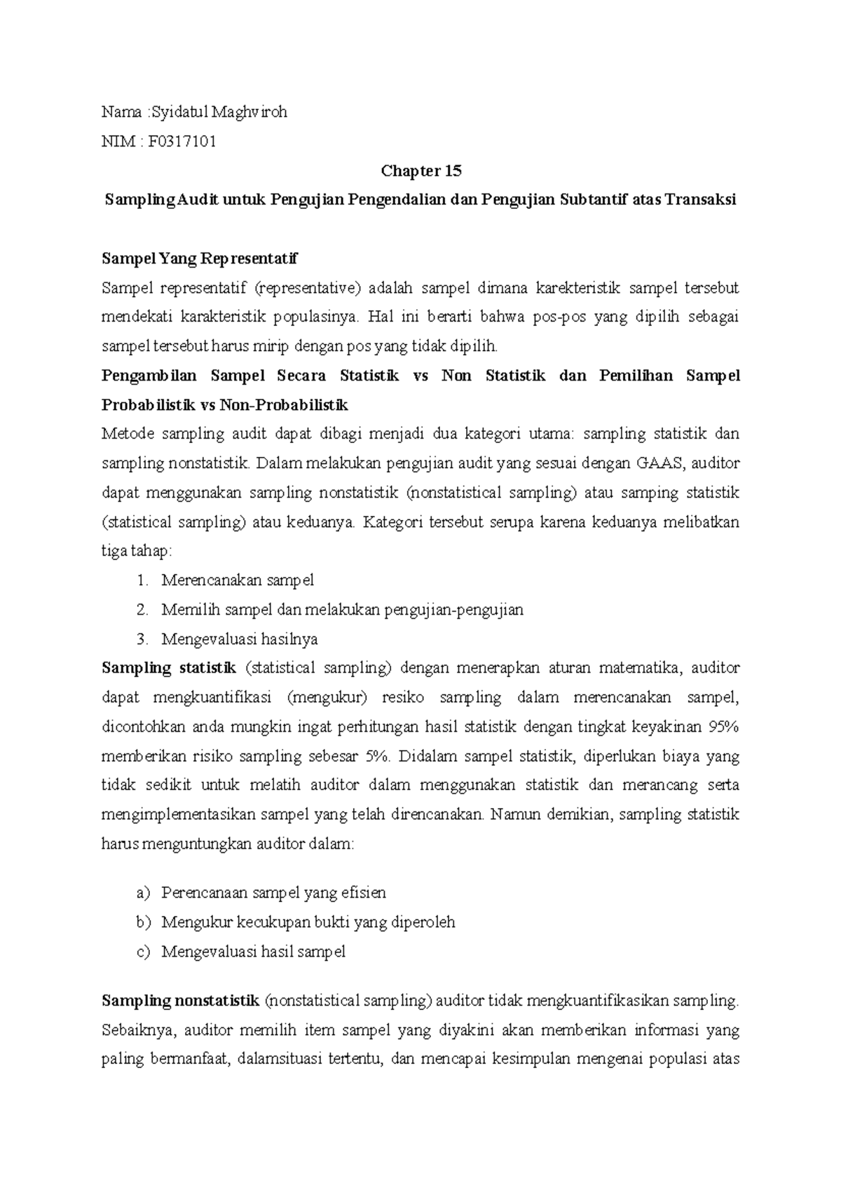 RMK syidatul maghviroh F0317101 C Pengauditan 2 Chapter 15 - Nama :Syidatul Maghviroh NIM : F ...