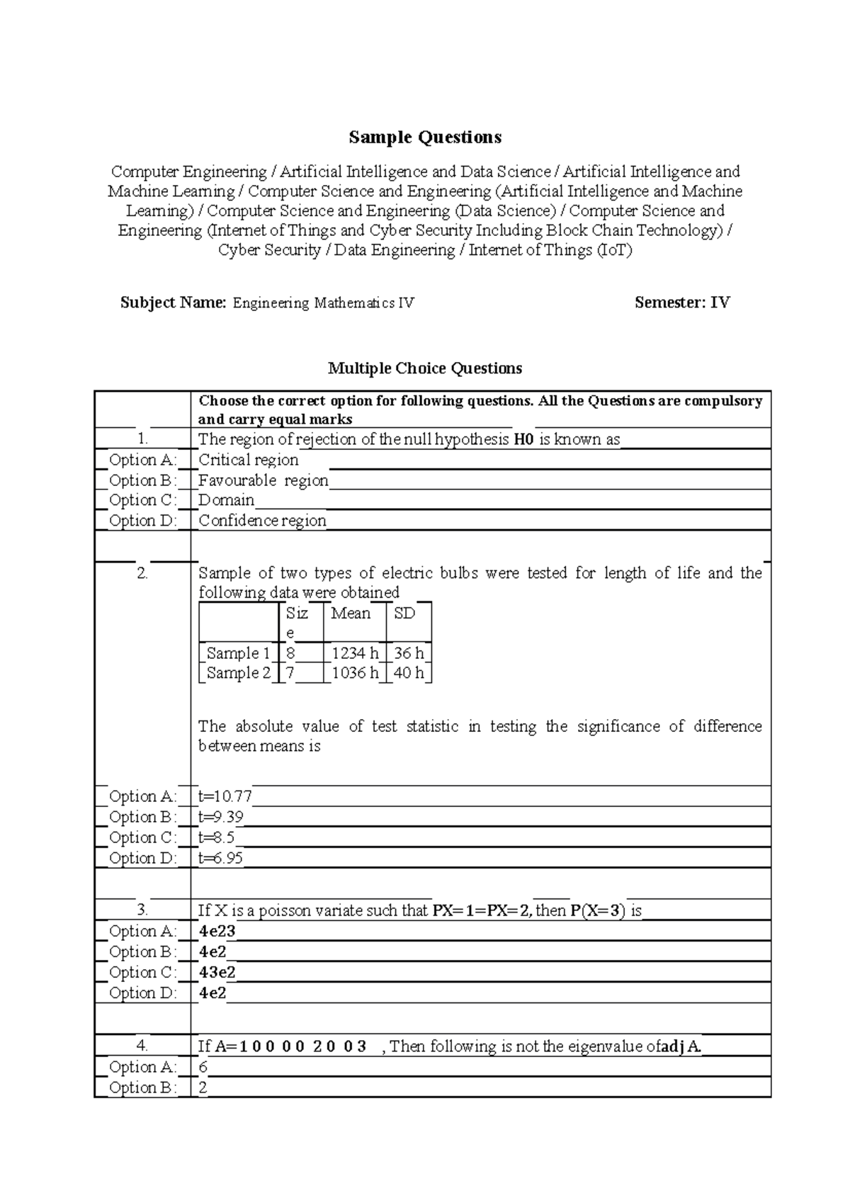 Comp R19 Sem IV CSC401 Engineering Mathematics IV Sample Questions ...