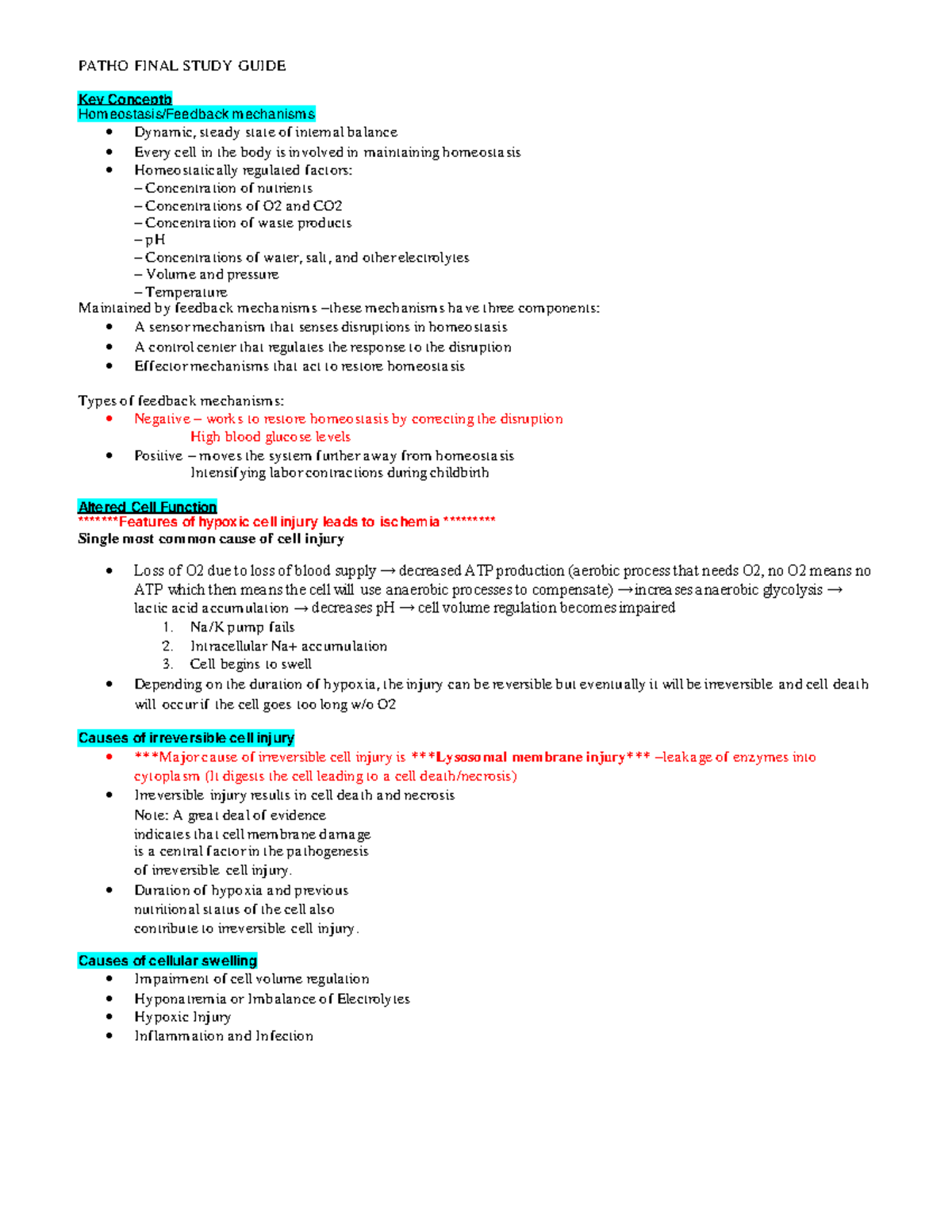 Patho final study guide - PATHO FINAL STUDY GUIDE Key Conceptb Homeostasis/Feedback mechanisms ...
