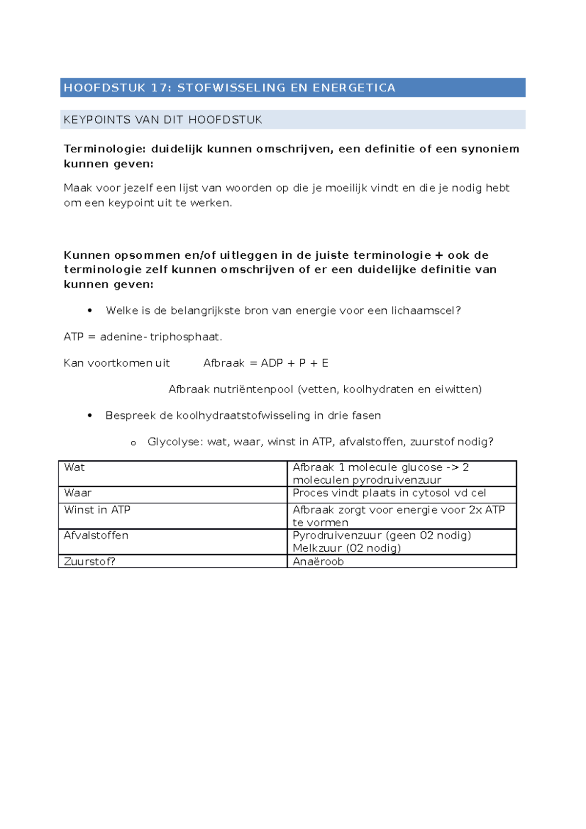 17 Key-points Stofwisseling en energetica - Anatomie 2 - Vives - Studocu