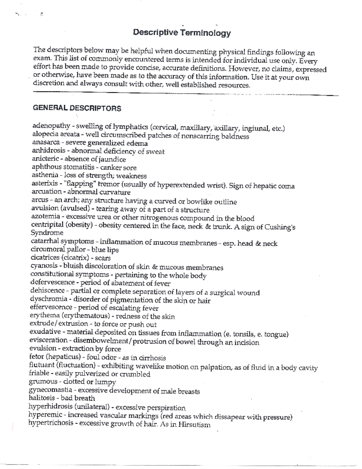 Medical Terminology - notes - Descriptive Terminology The descriptors ...