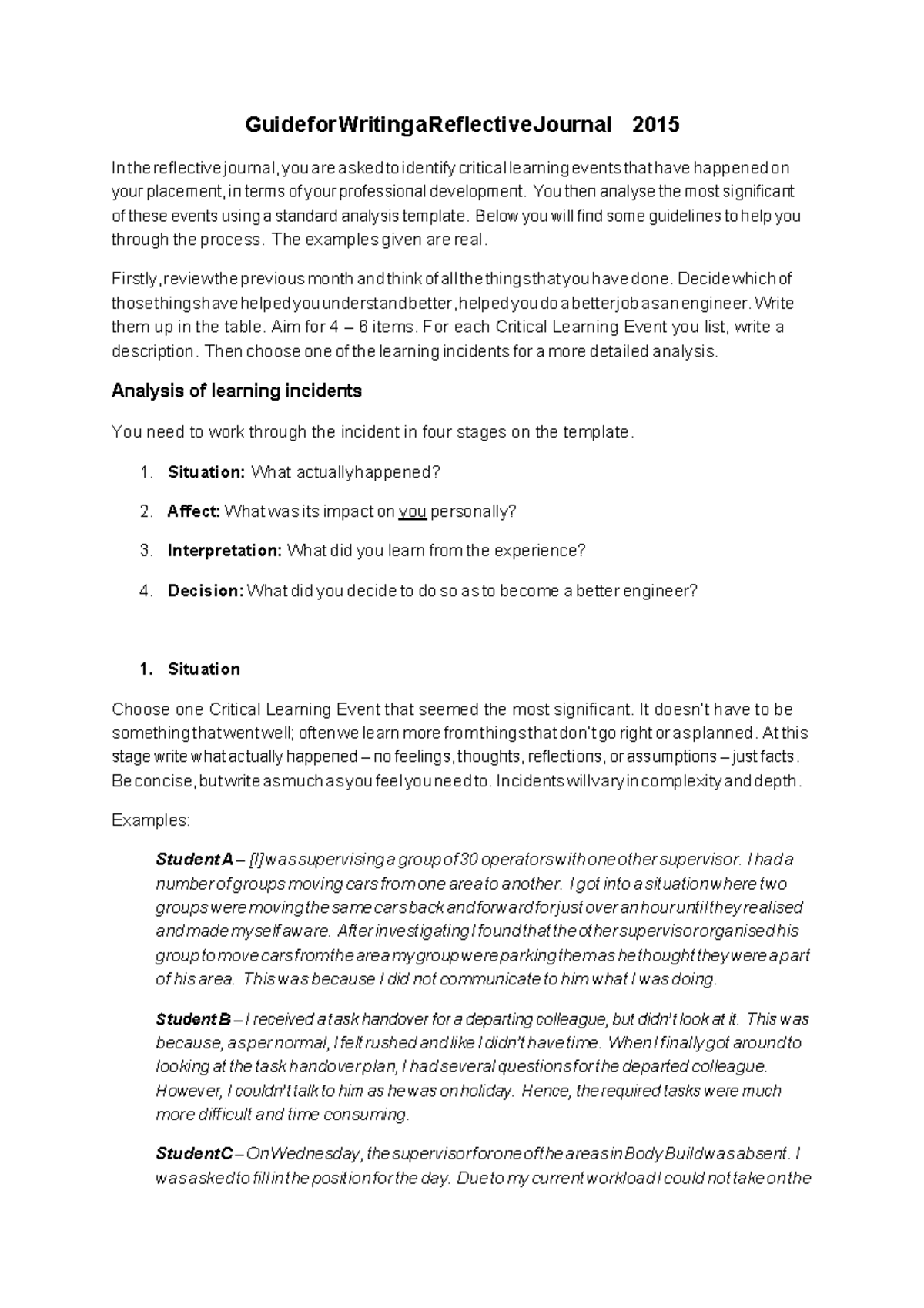 Guide to writing a Reflective Journal - You then analyse the most ...