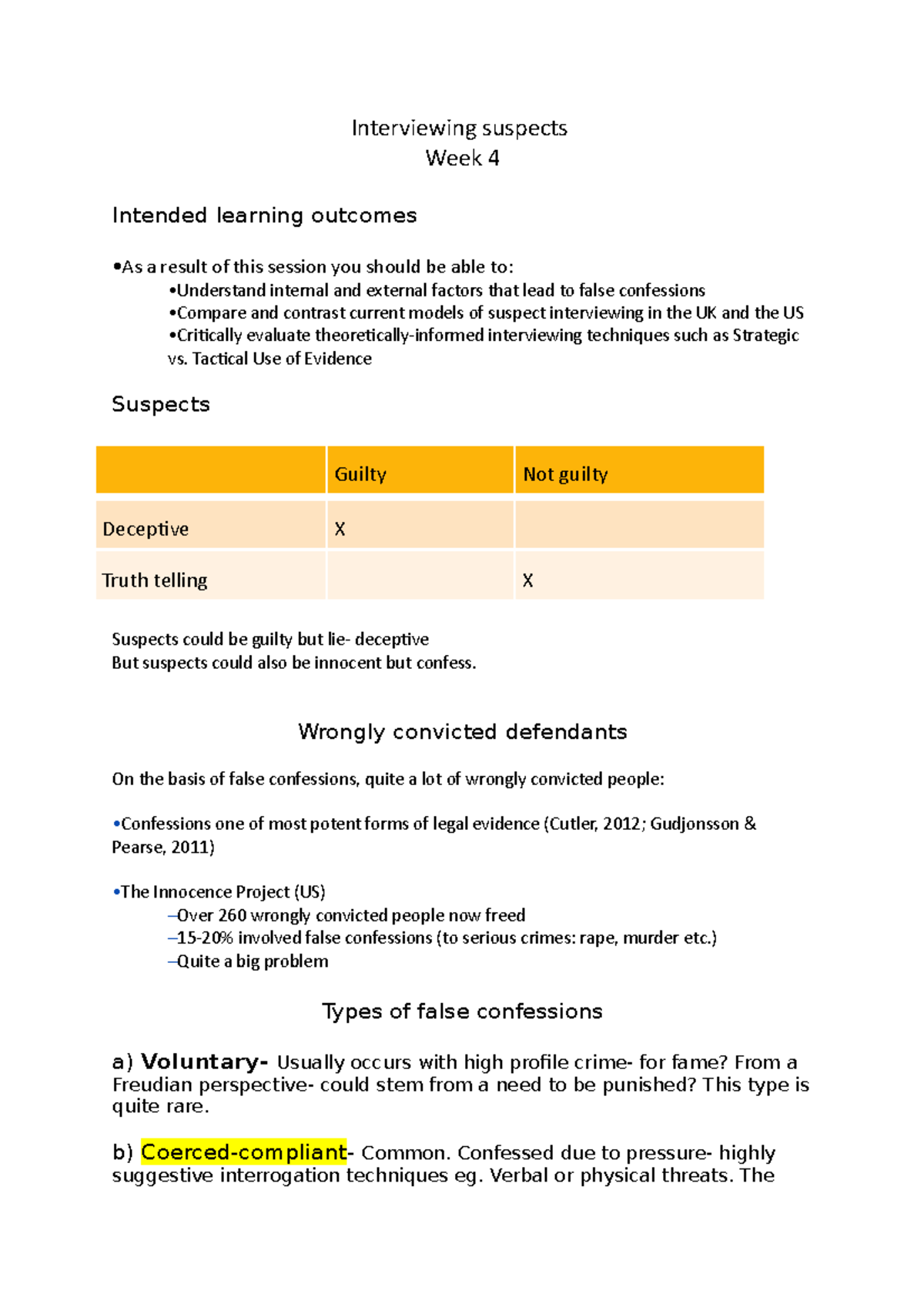 Interviewing suspects - Interviewing suspects Week 4 Intended learning ...