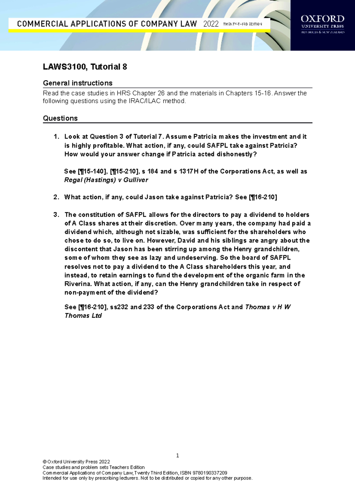 LAWS3100 2022 Tutorial 8 - LAWS3100, Tutorial 8 General instructions Read the case studies in ...